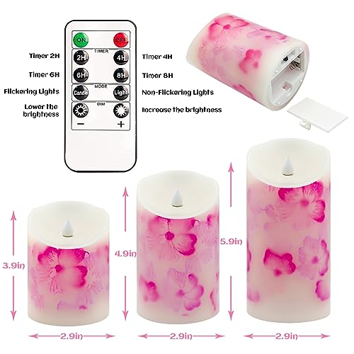VEEKI Flameless Candles Lights, Set of 3 Cherry Blossoms Romantic LED Candles with Remote & Timer, Flickering LED Pillar Candles Battery Operated, Dimmable Electric Candles Gift for Mom Woman (Pink)