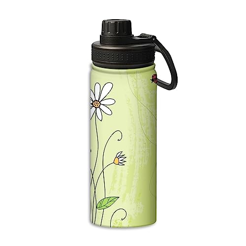 Flower Insulated Water Bottles,Hand Flowers Green Ladybugs,18oz Water Bottle,Stainless Steel Metal Water Bottle, Reusable Thermos Bottle, Cold & Hot Water Bottle for Sports,Gym,Multicolor