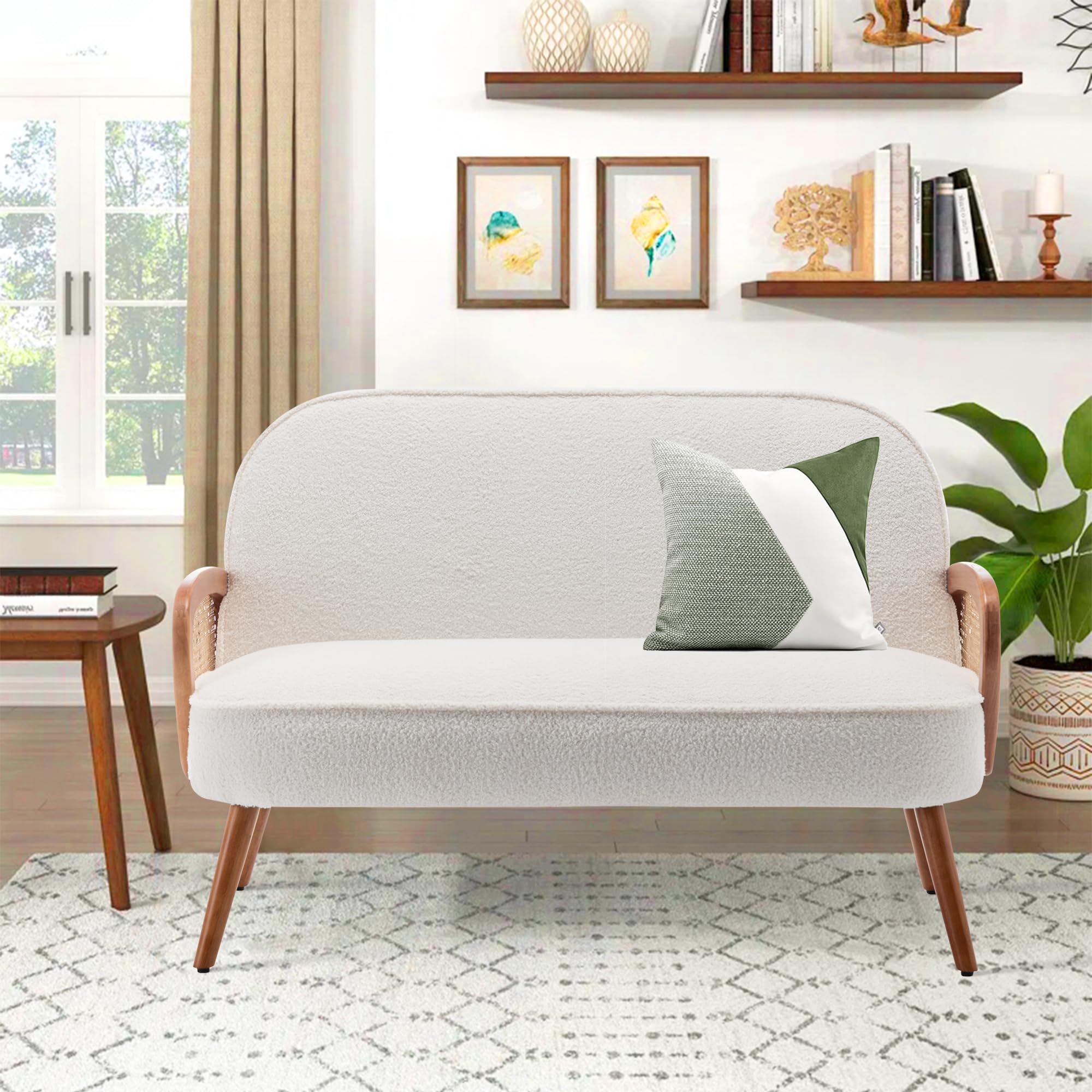 Aklaus 45" W Small Loveseat with Natural Rattan Arms,Upholstered Modern Mini Sofa Couch Love Seat Settee Bench with Back for Living Room Bedroom Office Small Space Entryway Teddy White