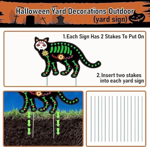 Halloween Decorations Outdoor Yard Signs, 5 Pcs Glow in the Dark Skeleton Cat, Halloween Yard Signs with Stakes for Lawn Garden Front Yard Decorations - Halloween Decor Outside