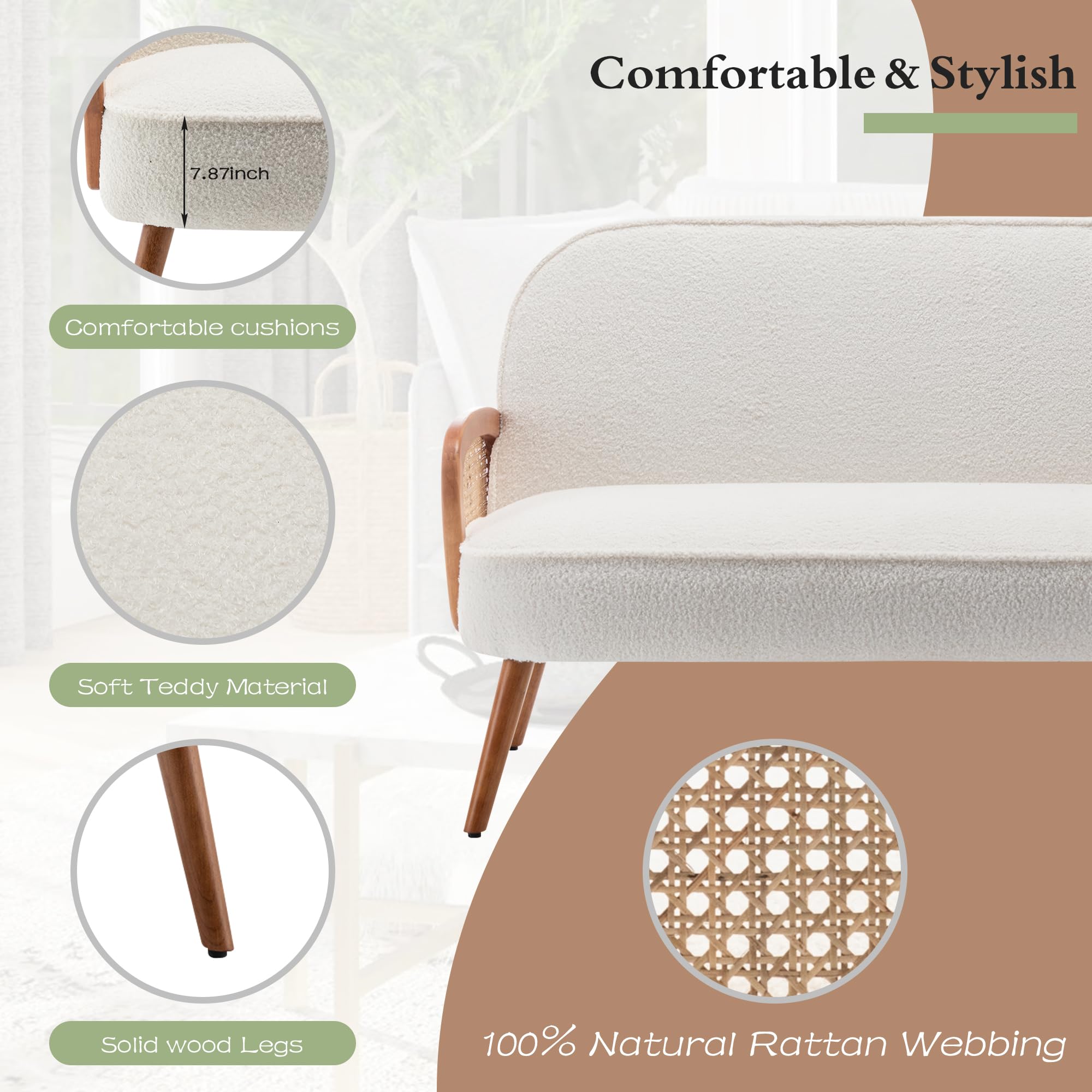Aklaus 45" W Small Loveseat with Natural Rattan Arms,Upholstered Modern Mini Sofa Couch Love Seat Settee Bench with Back for Living Room Bedroom Office Small Space Entryway Teddy White