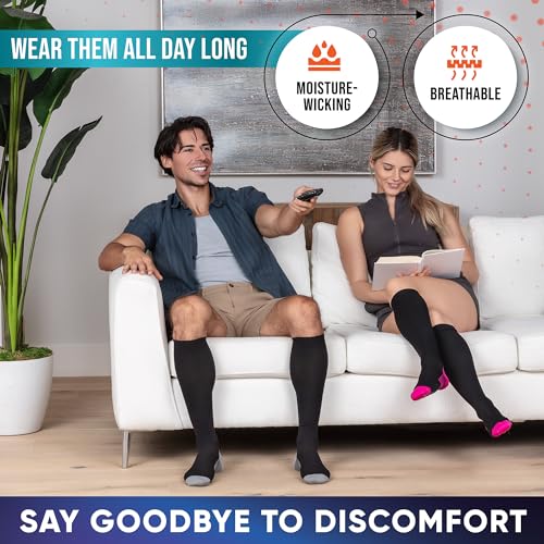 PhysFlex Compression Socks for Women and Men - Best Support for Running, Flying, Pregnancy - Graduated Compression Stockings (US, Alpha, Small, Black)