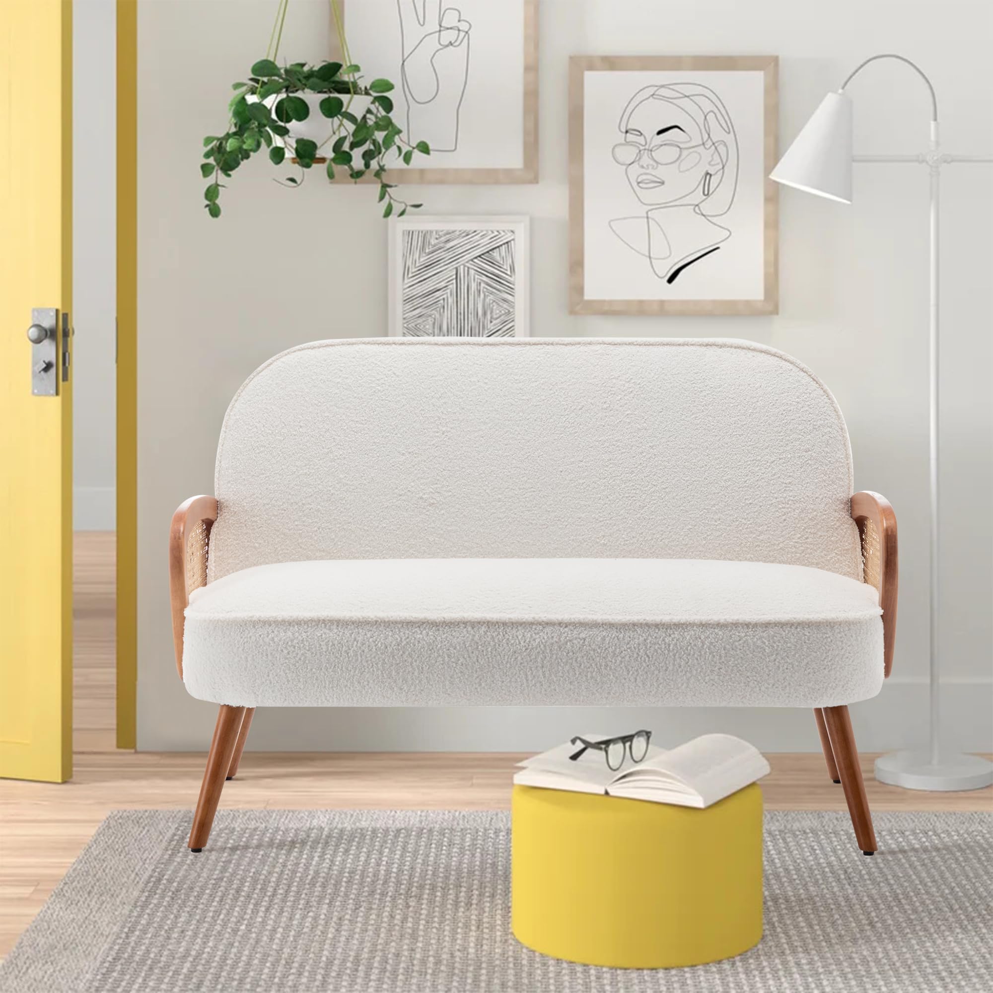 Aklaus 45" W Small Loveseat with Natural Rattan Arms,Upholstered Modern Mini Sofa Couch Love Seat Settee Bench with Back for Living Room Bedroom Office Small Space Entryway Teddy White