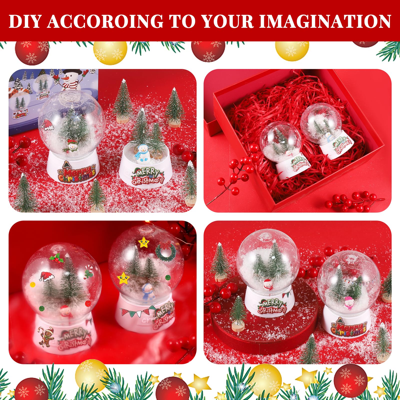 6 Pieces 4 Inch Plastic Snow Globes Clear Water Globes with Screw Off Cap DIY Snow Globes Water Globe Jar with Christmas and Diamond Sticker for DIY Crafts Home Decoration