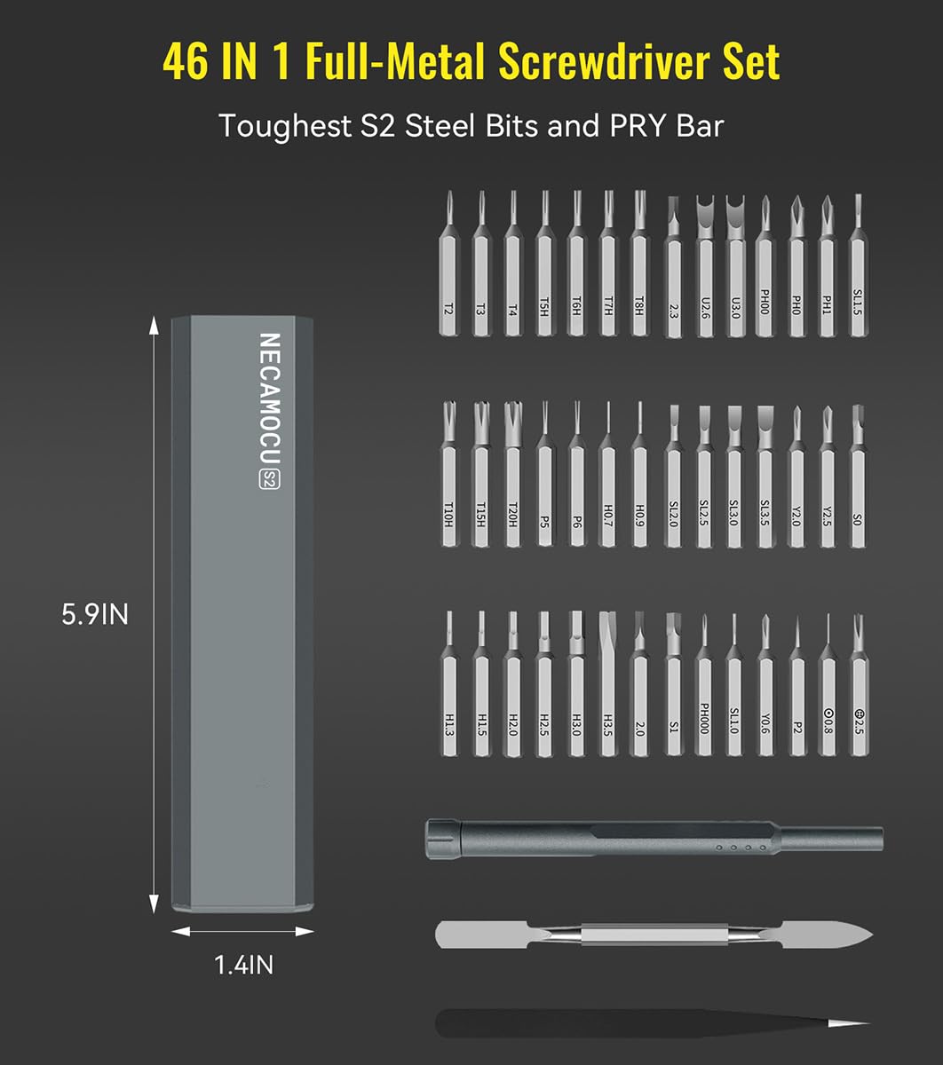 NECAMOCU Precision Screwdriver Set with Toughest S2 Bits, Durable 46 in 1 Mini Magnetic Repair Tool Kit for Electronics, Small Screwdriver Set for Computer, Phone, Laptop, Watch, Eyeglasses, Jewelry