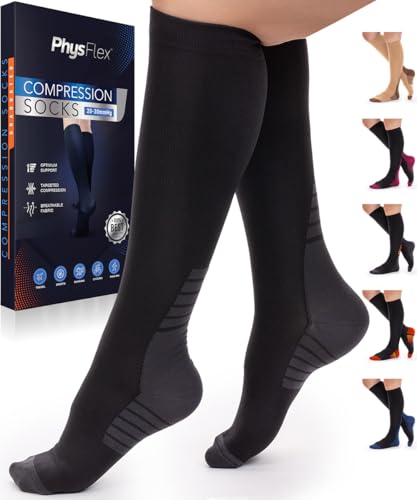 PhysFlex Compression Socks for Women and Men - Best Support for Running, Flying, Pregnancy - Graduated Compression Stockings (US, Alpha, Small, Black)