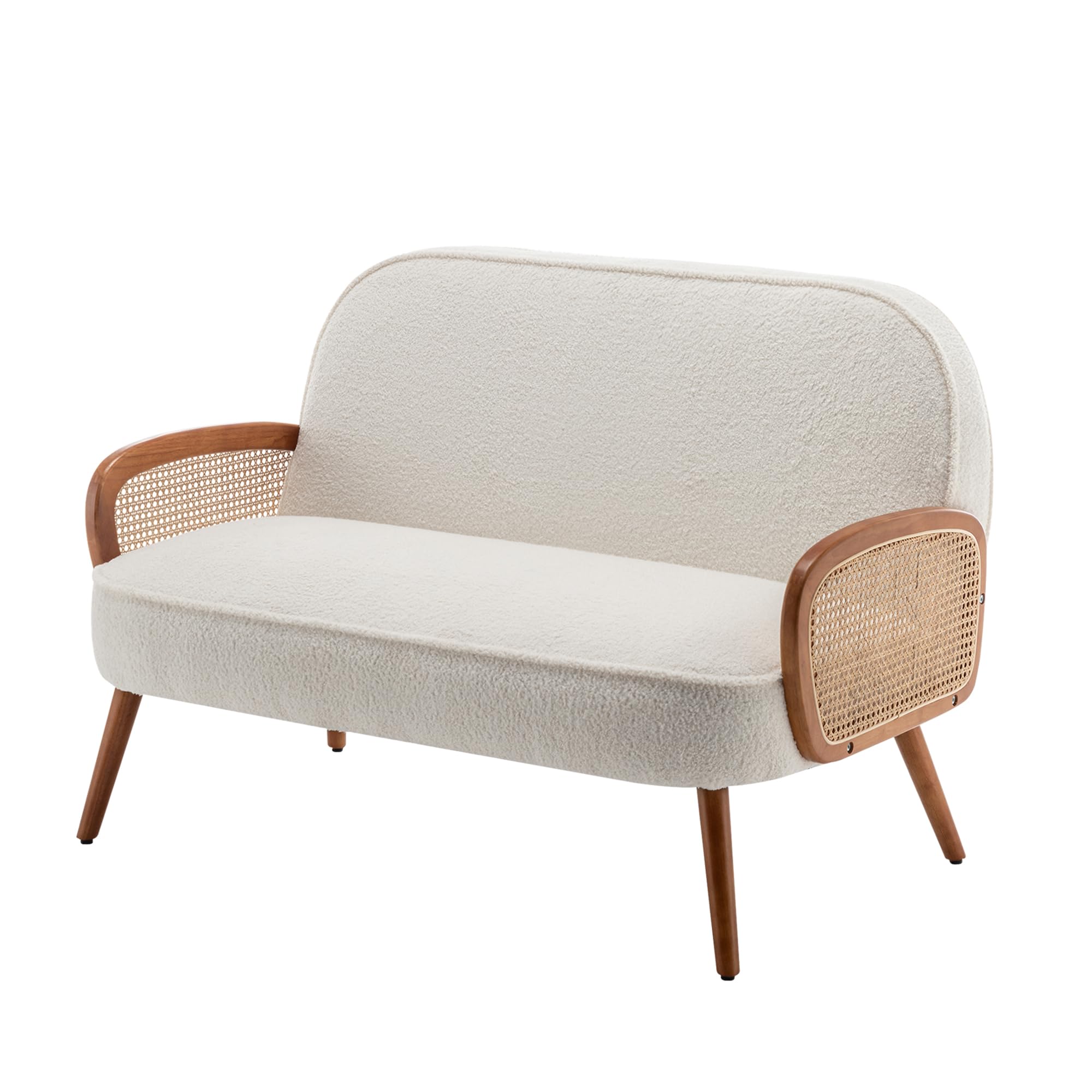 Aklaus 45" W Small Loveseat with Natural Rattan Arms,Upholstered Modern Mini Sofa Couch Love Seat Settee Bench with Back for Living Room Bedroom Office Small Space Entryway Teddy White