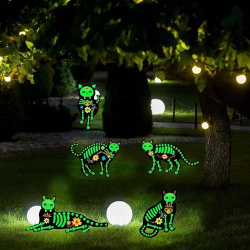Halloween Decorations Outdoor Yard Signs, 5 Pcs Glow in the Dark Skeleton Cat, Halloween Yard Signs with Stakes for Lawn Garden Front Yard Decorations - Halloween Decor Outside