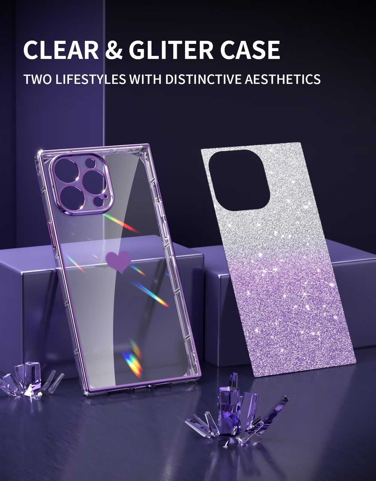 Tzomsze for iPhone 14 Pro Max Case Square [2 in 1] Clear &Glitter Cute Heart Pattern,Full Lens Protection & Electroplate Reinforced Corners Shockproof Edge Bumper Case [6.7 inches] -Purple