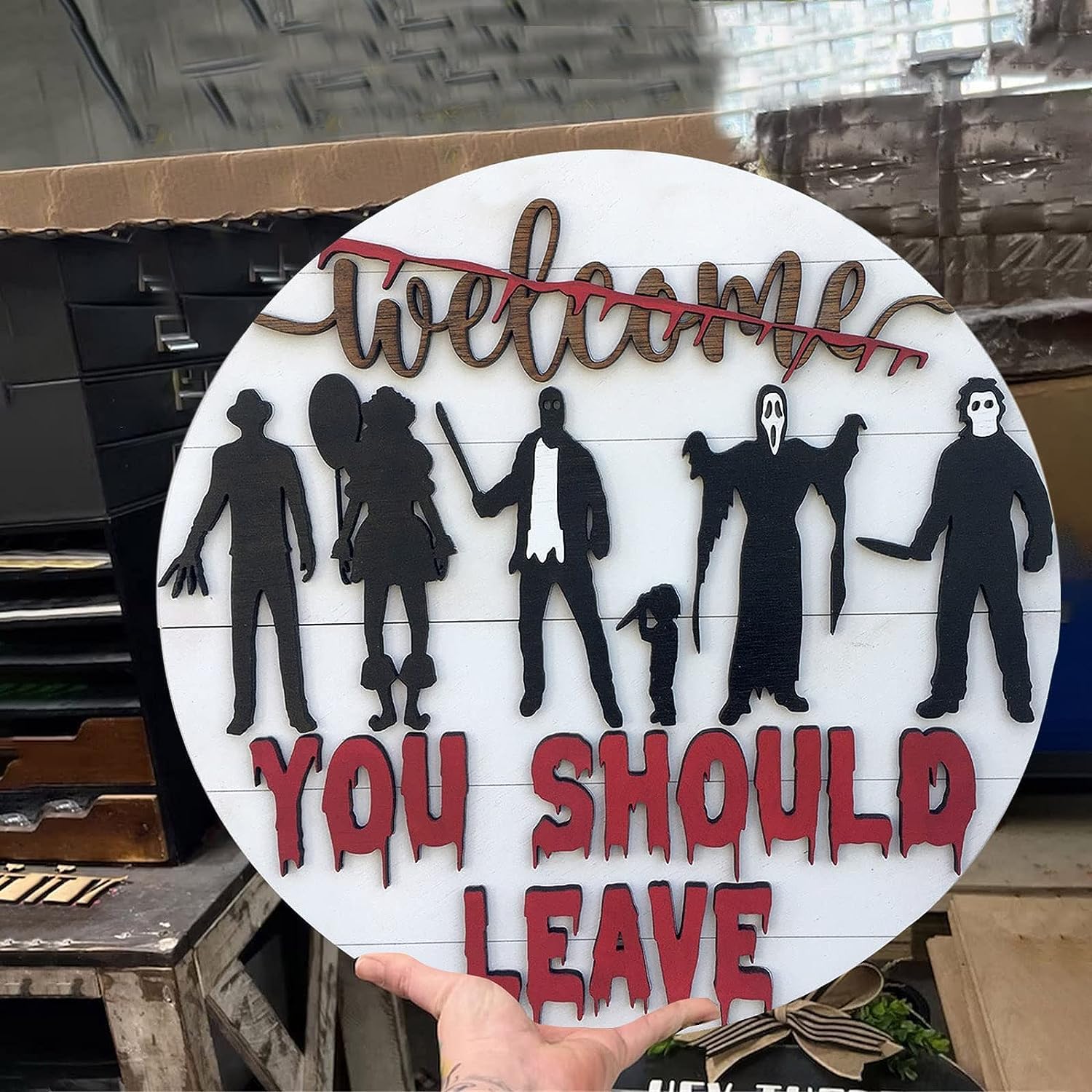 Horror Welcome Sign for Front Door Halloween Wreath Decorations for All Seasons Scary Porch Decor Hanging, Striking Door Sign Hanging Farmhouse Door Hanging Welcome Decor Home Decor