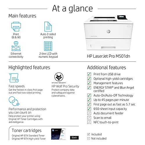 HP Laserjet Pro M501dnA Single-Function Wired Monochrome Laser Printer, White - Print only - 2-line LCD, 45 ppm, 4800 x 600 dpi, 256MB Memory, Auto Duplex Printing, Ethernet - Cbmou External Webcam