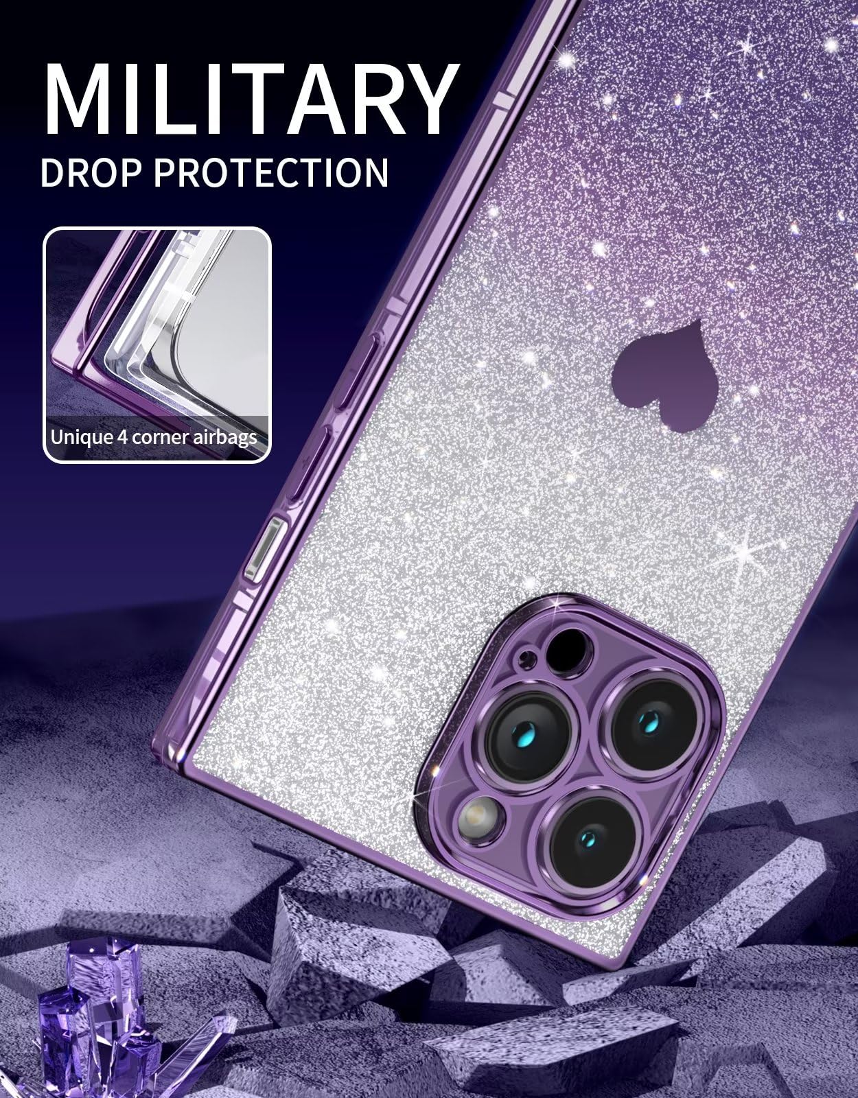Tzomsze for iPhone 14 Pro Max Case Square [2 in 1] Clear &Glitter Cute Heart Pattern,Full Lens Protection & Electroplate Reinforced Corners Shockproof Edge Bumper Case [6.7 inches] -Purple