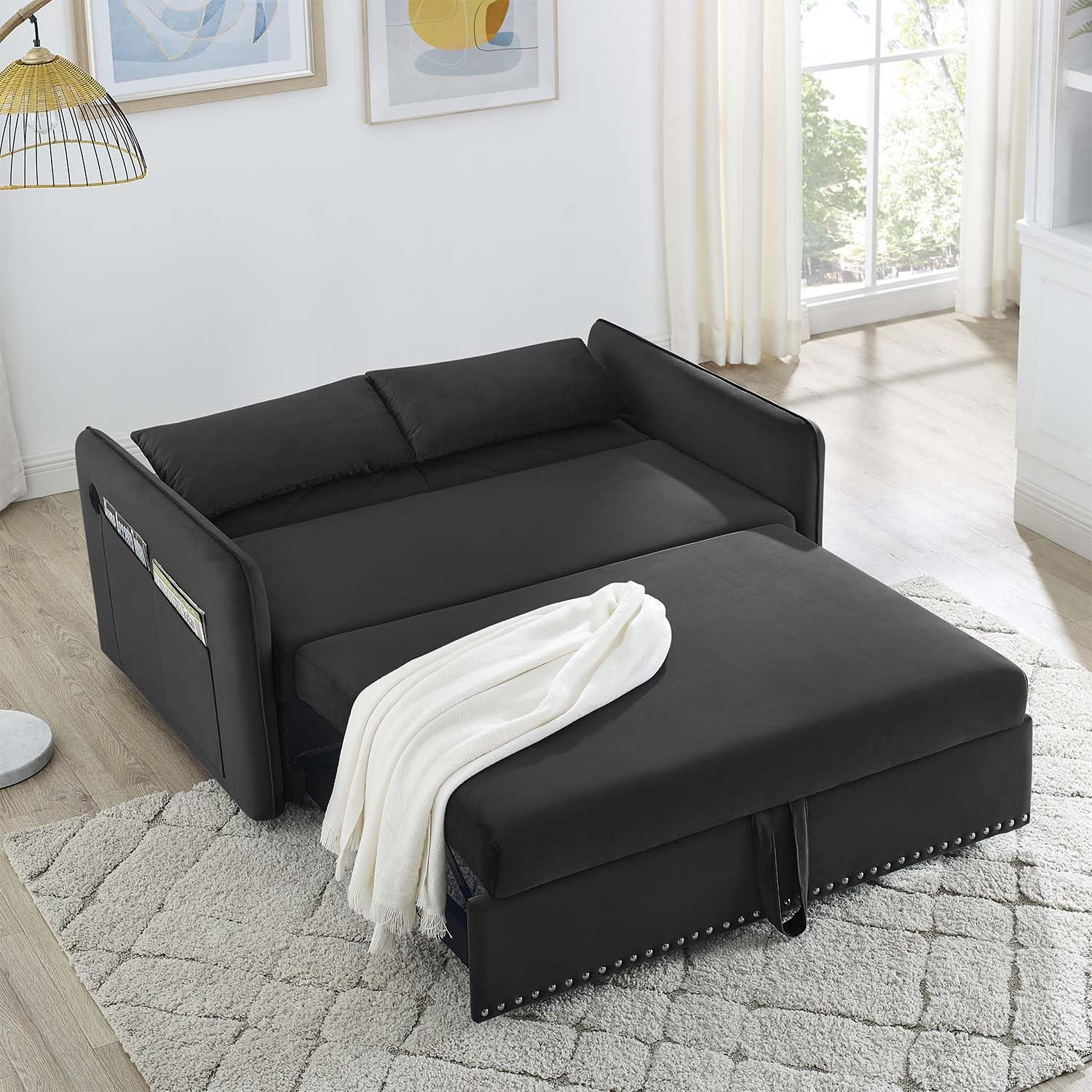 Antetek Sleeper Sofa Bed w/USB Port, Modern 3-in-1 Convertible Upholstered Velvet Loveseat Sofa w/Pull Out Bed, Small Futon Couch with Adjustable Backrest for Living Room Small Space Apartment, Black