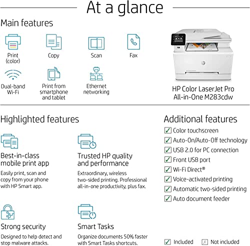 HP Color Laserjet Pro MFP M283cdw Wireless All-in-One Laser Printer, Auto Duplex Printing - Remote Mobile Print Scan Copy Fax - 50-Sheet ADF - 22ppm 600x600dpi 8.5x14, Ethernet, Cbmoun Printer_Cable