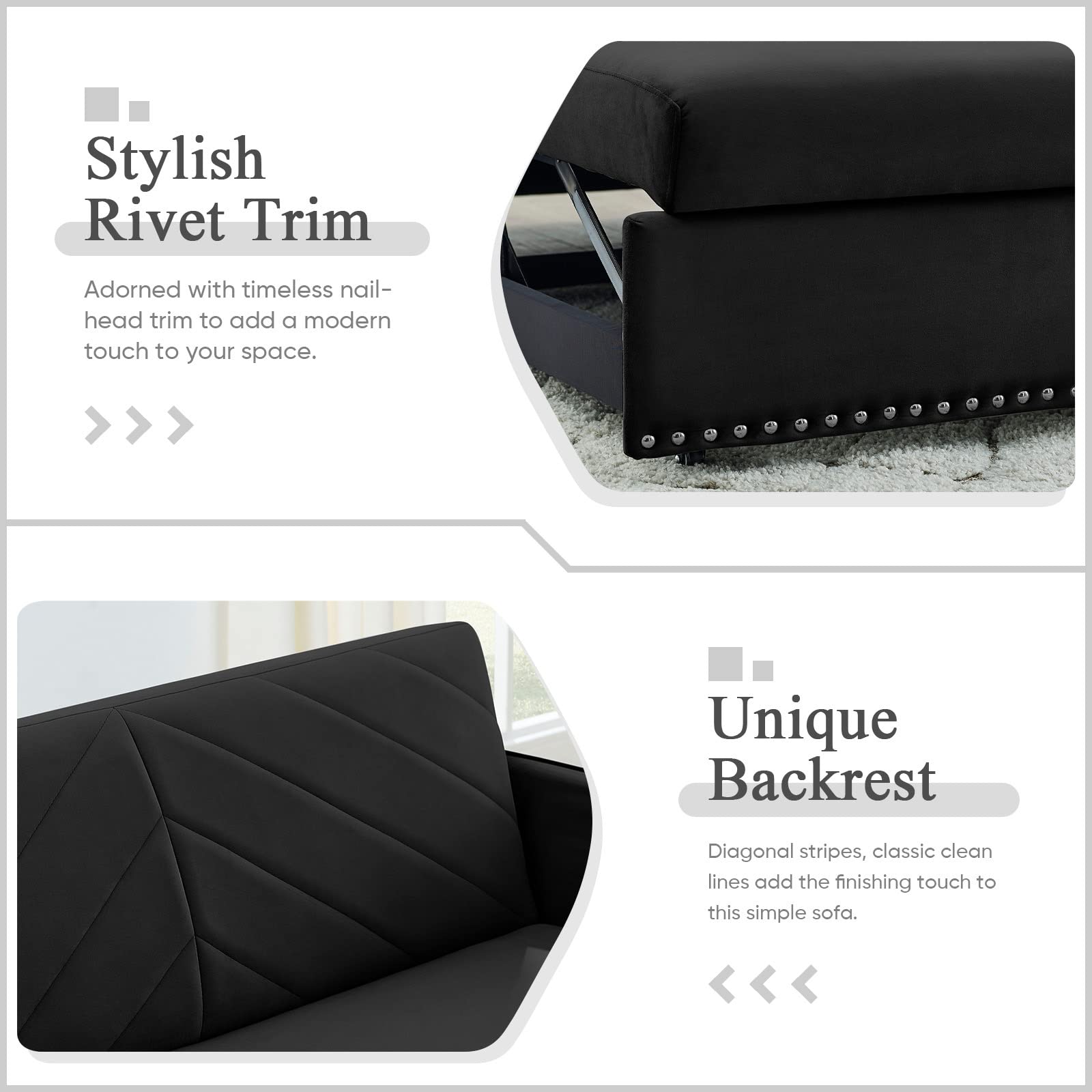 Antetek Sleeper Sofa Bed w/USB Port, Modern 3-in-1 Convertible Upholstered Velvet Loveseat Sofa w/Pull Out Bed, Small Futon Couch with Adjustable Backrest for Living Room Small Space Apartment, Black