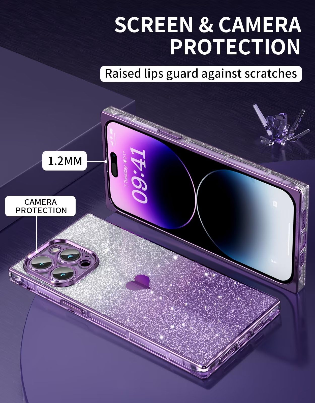 Tzomsze for iPhone 14 Pro Max Case Square [2 in 1] Clear &Glitter Cute Heart Pattern,Full Lens Protection & Electroplate Reinforced Corners Shockproof Edge Bumper Case [6.7 inches] -Purple