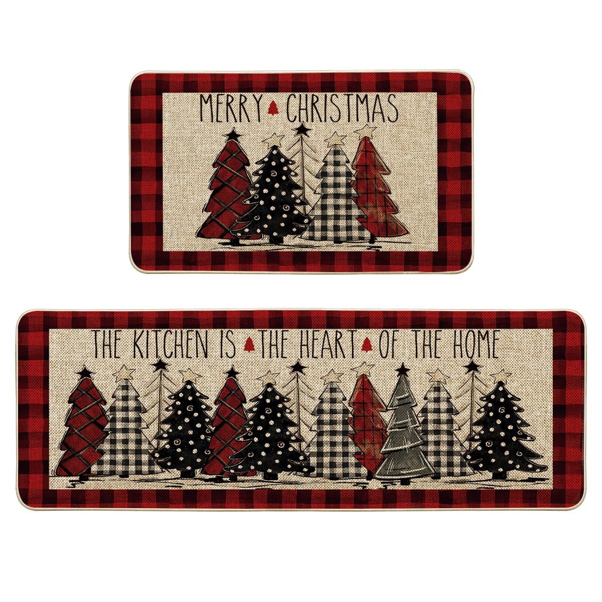 Artoid Mode Red Buffalo Plaid Xmas Trees Merry Christmas Kitchen Mats Set of 2, Winter Decor Low-Profile Kitchen Rugs for Floor - 17x29 and 17x47 Inch