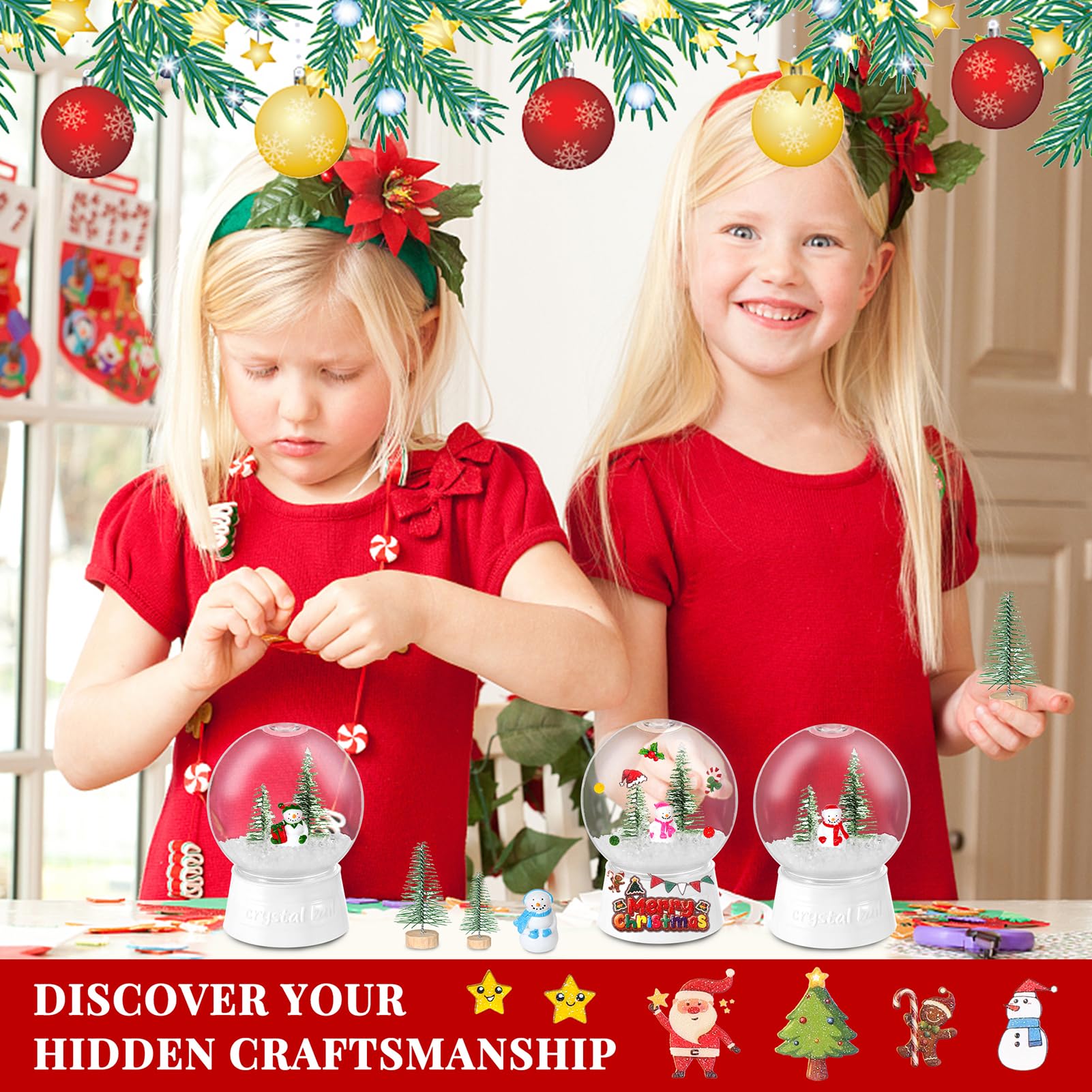 6 Pieces 4 Inch Plastic Snow Globes Clear Water Globes with Screw Off Cap DIY Snow Globes Water Globe Jar with Christmas and Diamond Sticker for DIY Crafts Home Decoration