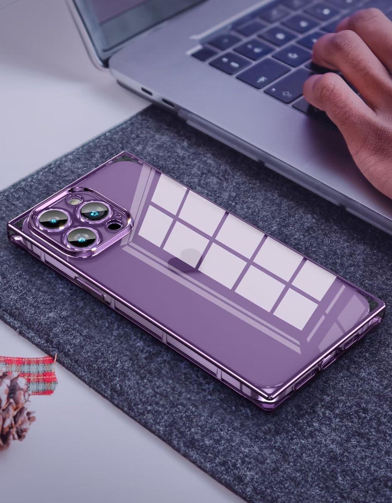 Tzomsze for iPhone 14 Pro Max Case Square [2 in 1] Clear &Glitter Cute Heart Pattern,Full Lens Protection & Electroplate Reinforced Corners Shockproof Edge Bumper Case [6.7 inches] -Purple