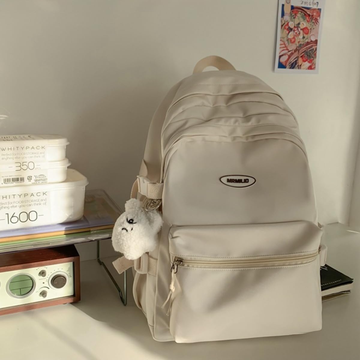 VTTDB Kawaii Backpack with Cute Accessories Casual Aesthetic Daypack Simple Laptop Bag Waterproof Travel Rucksack for Women (white)