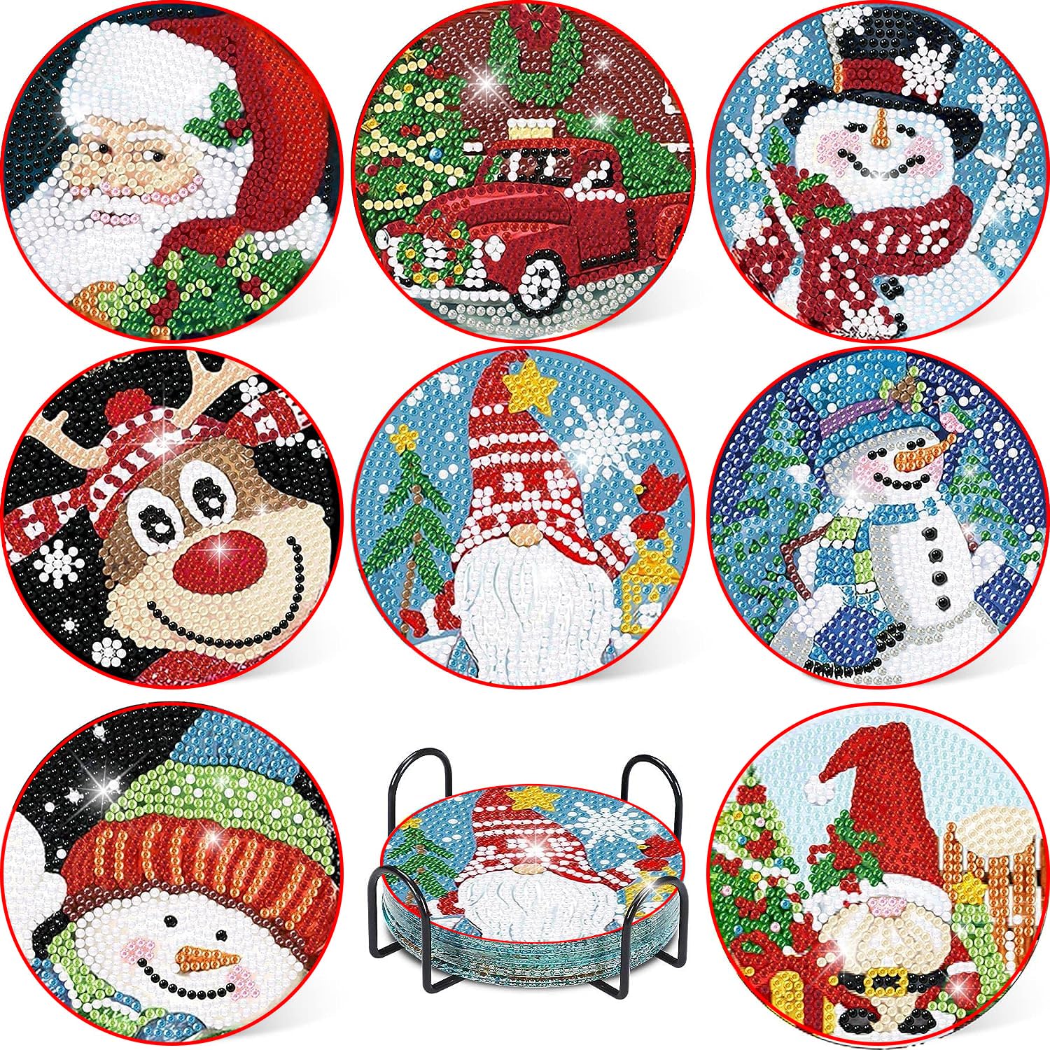8 PCS Diamond Painting Coaster Kits with Holder,Jack and Sally Diamond Art Coasters 5D Diamond Painting Kits for Adults, Beginners, Kids Diamond Art Craft Supplies Christmas Gift