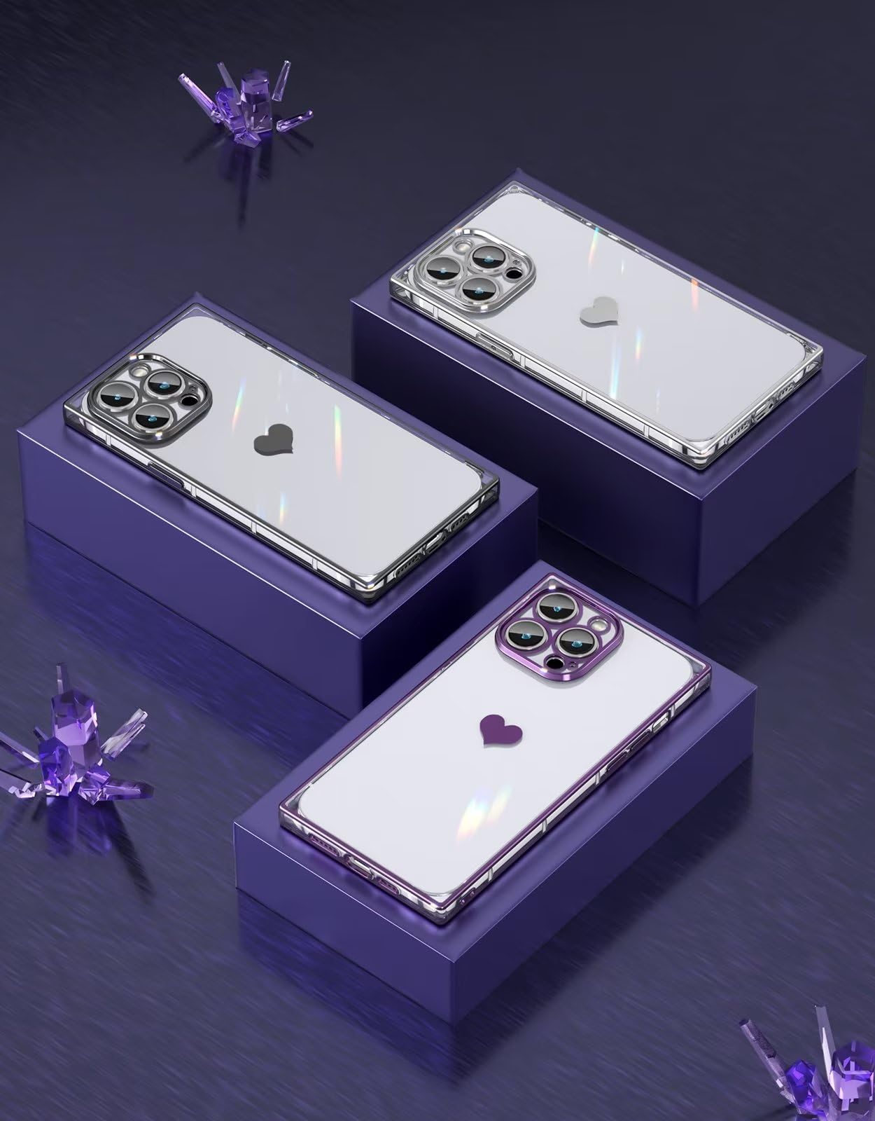 Tzomsze for iPhone 14 Pro Max Case Square [2 in 1] Clear &Glitter Cute Heart Pattern,Full Lens Protection & Electroplate Reinforced Corners Shockproof Edge Bumper Case [6.7 inches] -Purple