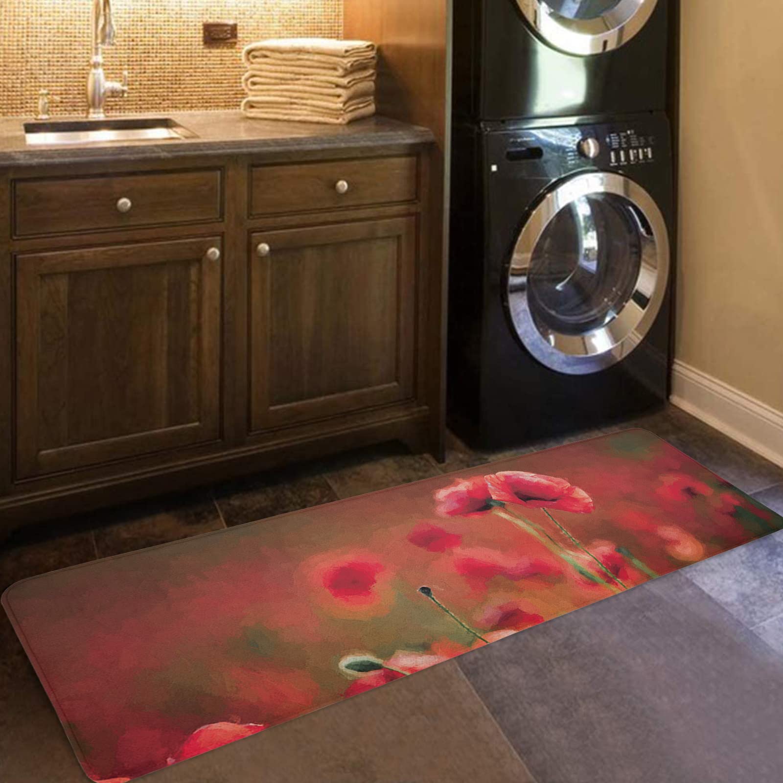 Libaoge Kitchen Mat Rug 1 PCS Red Poppy Runner Rug Anti-Fatigue Comfort Memory Foam Standing Mat Non-Slip Floor Door Mat for Bathroom Bedroom 16x47in