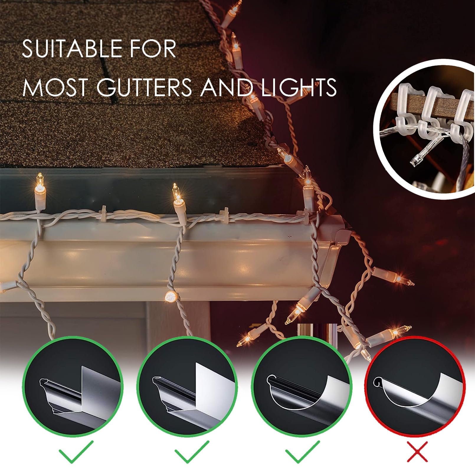 QuairBrez Holiday Light Clips Christmas Light Clips Light Hanger Hooks for Gutters, Strengthen Light Hooks for Holiday Party Light Strings Outdoor Hang Gutter Hooks for Halloween Xmas Decoration