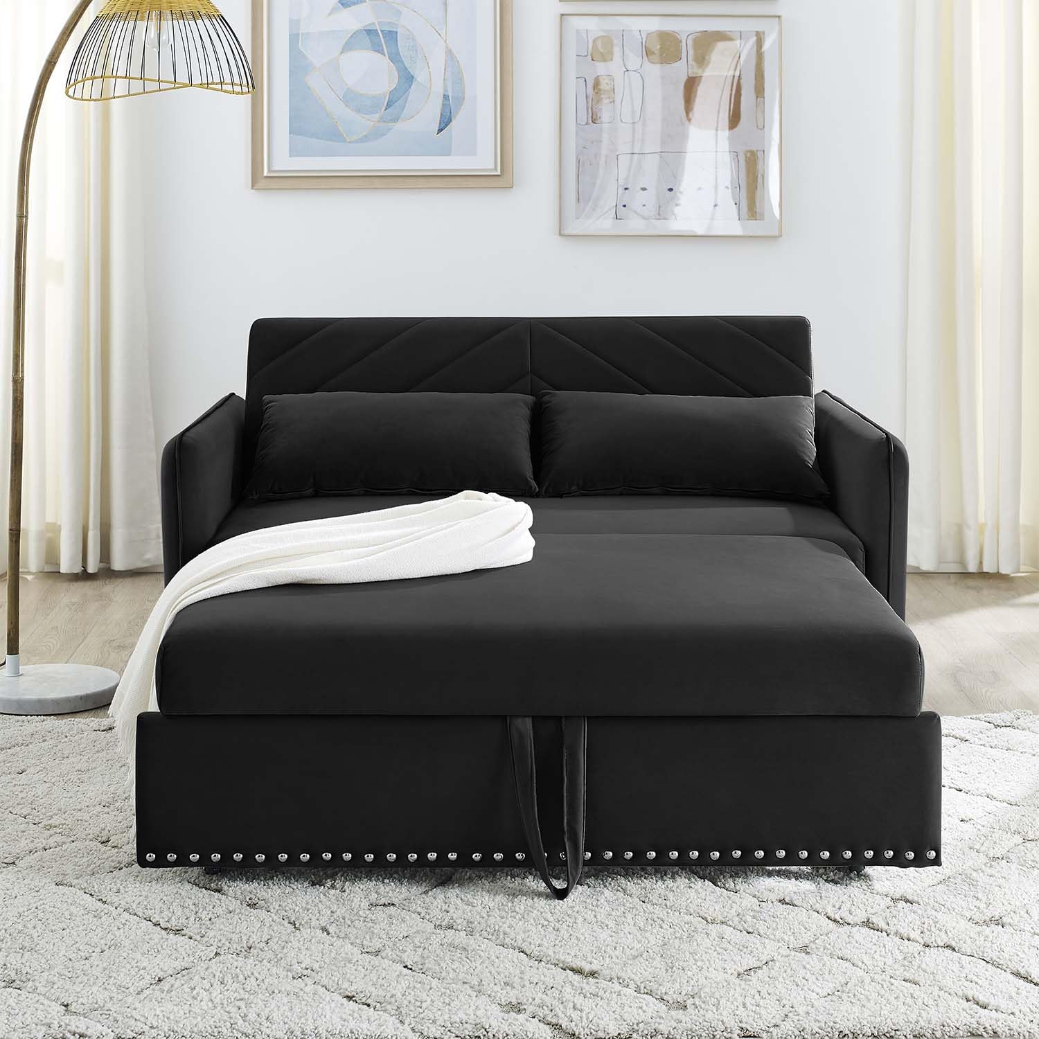 Antetek Sleeper Sofa Bed w/USB Port, Modern 3-in-1 Convertible Upholstered Velvet Loveseat Sofa w/Pull Out Bed, Small Futon Couch with Adjustable Backrest for Living Room Small Space Apartment, Black