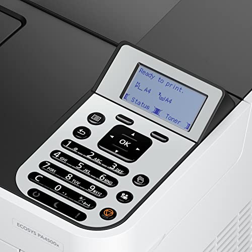 Kyocera ECOSYS PA4500x Monochrome Laser Printer, 47 ppm, 600 x 600 dpi and Up to Fine 1200 dpi, 600 Sheet Tray, 100 Sheet MPT, Duplex, 5 Line LCD w/Hard Key Panel, Gigabit Ethernet, USB, 512 MB