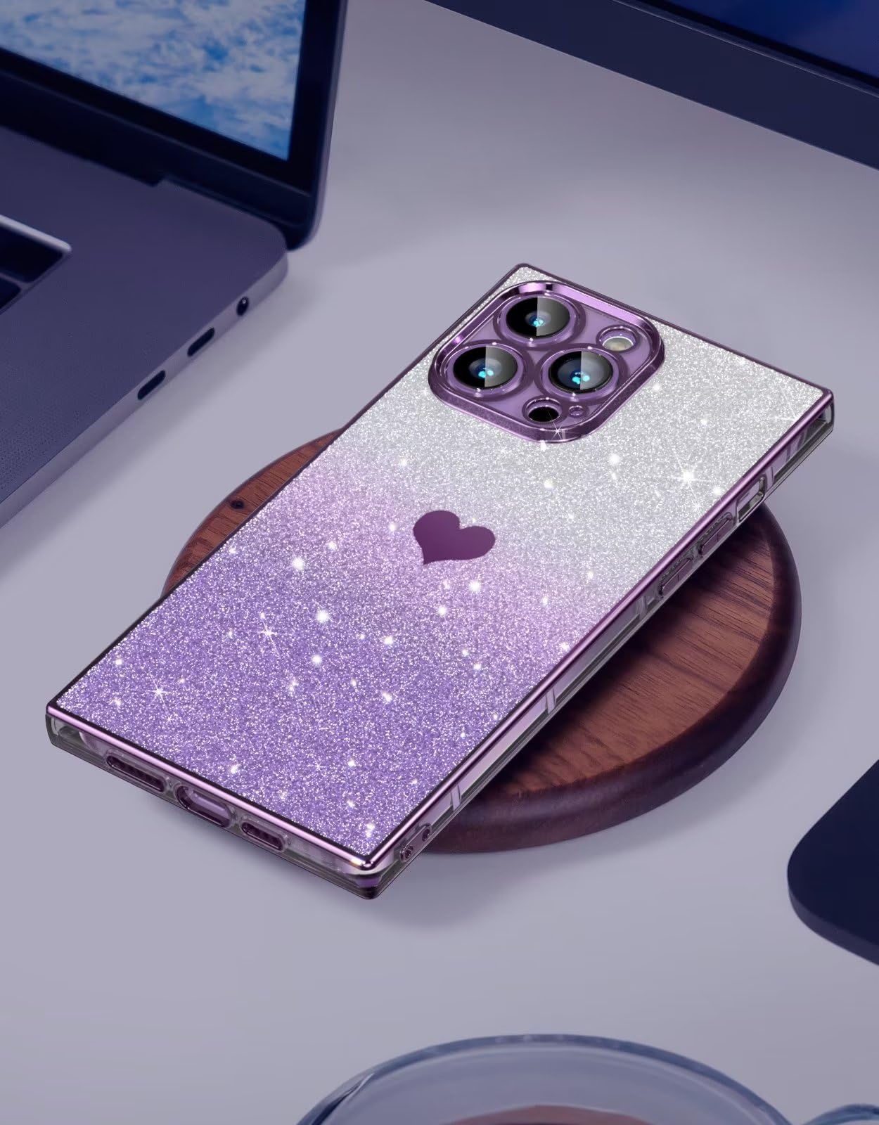 Tzomsze for iPhone 14 Pro Max Case Square [2 in 1] Clear &Glitter Cute Heart Pattern,Full Lens Protection & Electroplate Reinforced Corners Shockproof Edge Bumper Case [6.7 inches] -Purple