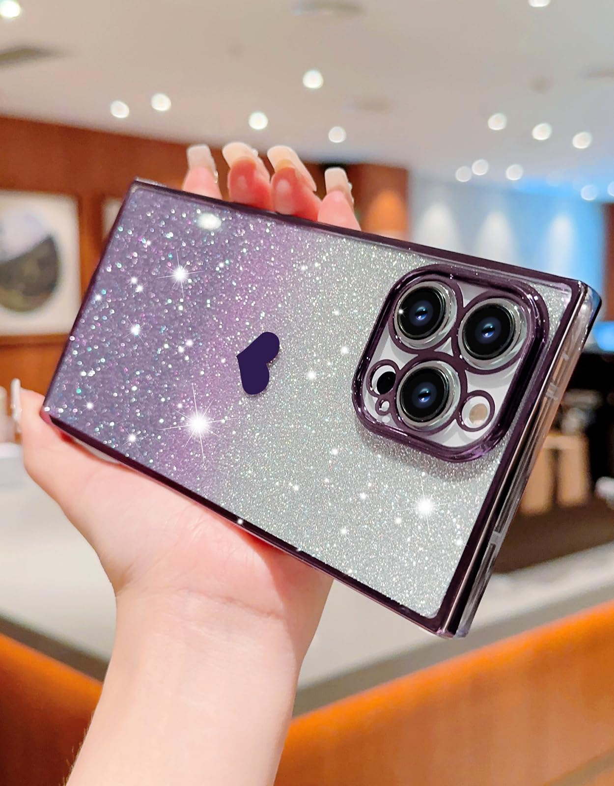 Tzomsze for iPhone 14 Pro Max Case Square [2 in 1] Clear &Glitter Cute Heart Pattern,Full Lens Protection & Electroplate Reinforced Corners Shockproof Edge Bumper Case [6.7 inches] -Purple