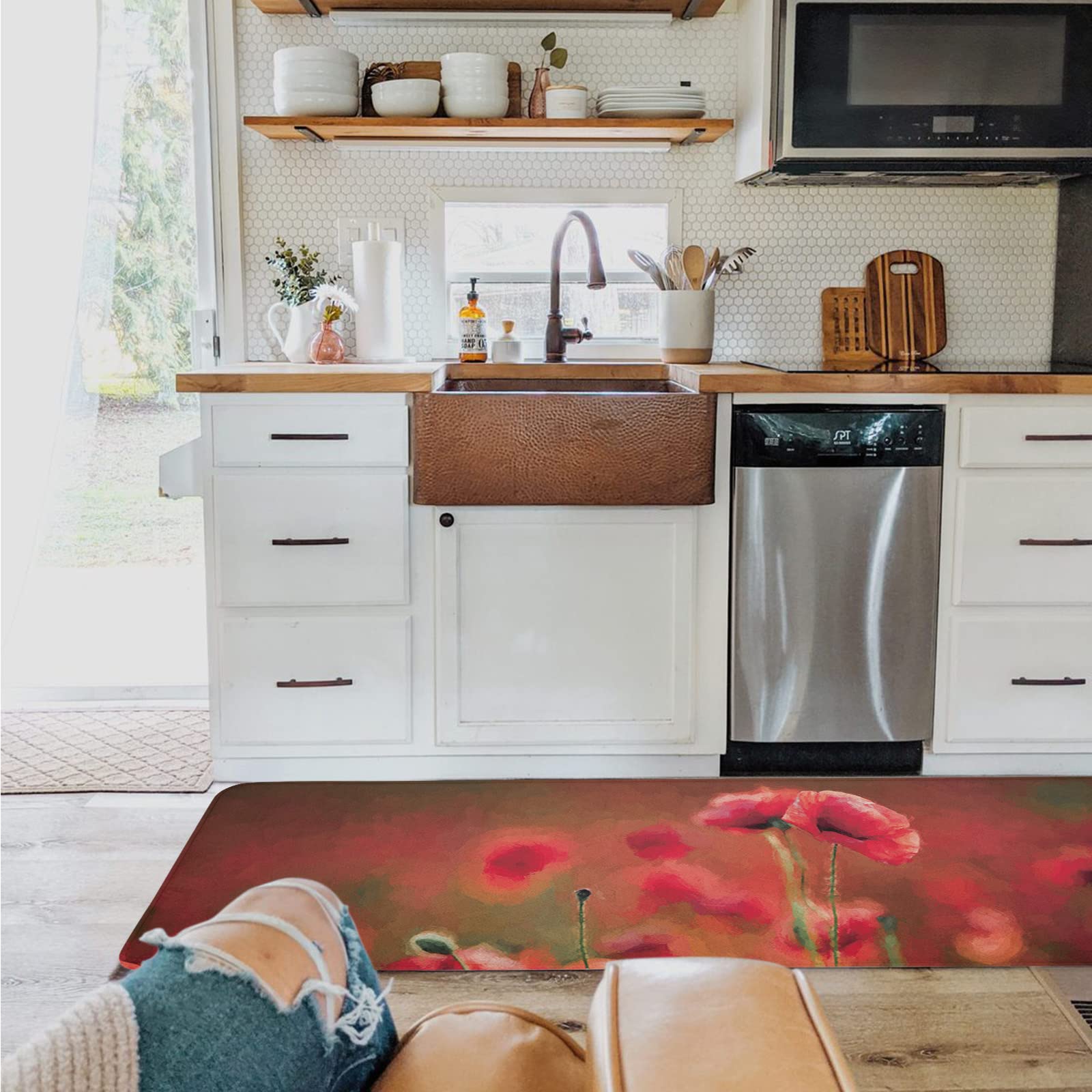 Libaoge Kitchen Mat Rug 1 PCS Red Poppy Runner Rug Anti-Fatigue Comfort Memory Foam Standing Mat Non-Slip Floor Door Mat for Bathroom Bedroom 16x47in