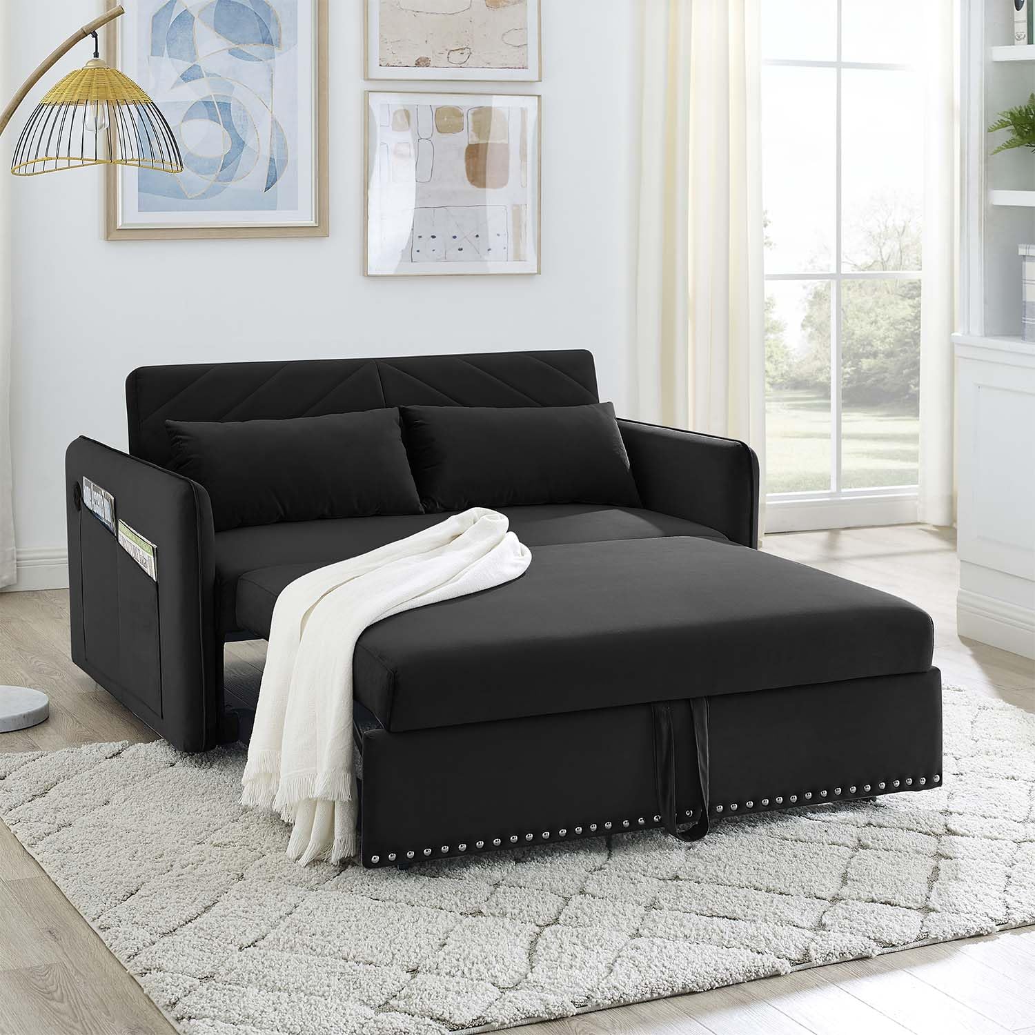 Antetek Sleeper Sofa Bed w/USB Port, Modern 3-in-1 Convertible Upholstered Velvet Loveseat Sofa w/Pull Out Bed, Small Futon Couch with Adjustable Backrest for Living Room Small Space Apartment, Black