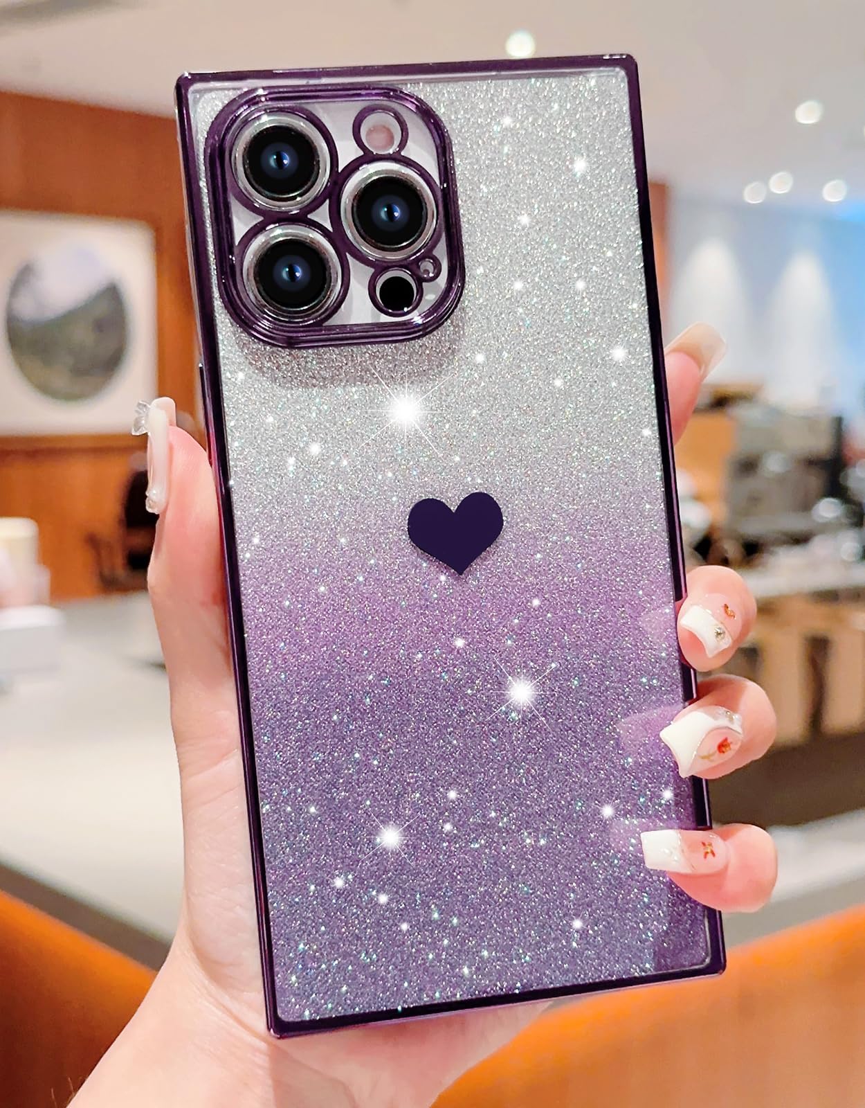Tzomsze for iPhone 14 Pro Max Case Square [2 in 1] Clear &Glitter Cute Heart Pattern,Full Lens Protection & Electroplate Reinforced Corners Shockproof Edge Bumper Case [6.7 inches] -Purple