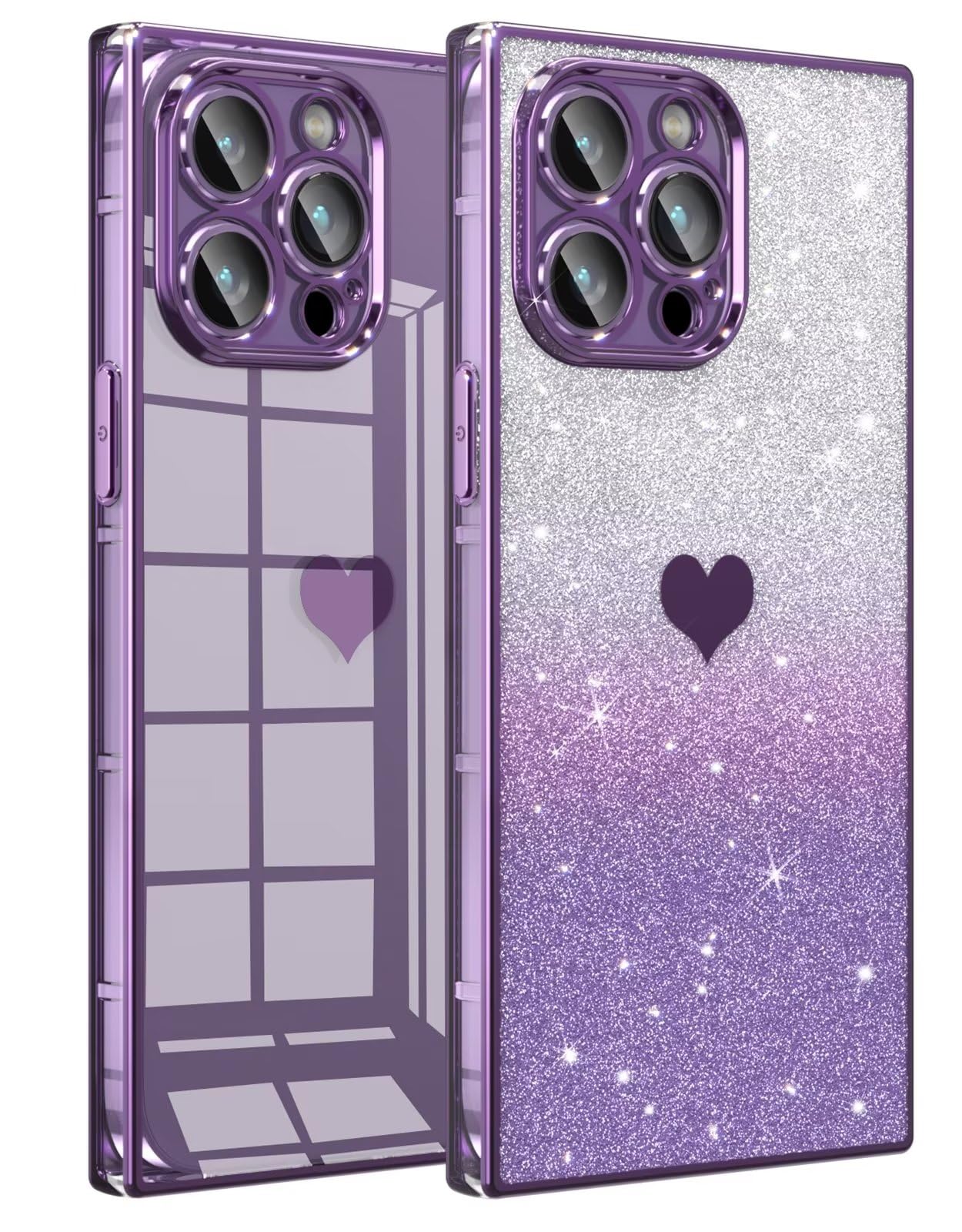 Tzomsze for iPhone 14 Pro Max Case Square [2 in 1] Clear &Glitter Cute Heart Pattern,Full Lens Protection & Electroplate Reinforced Corners Shockproof Edge Bumper Case [6.7 inches] -Purple