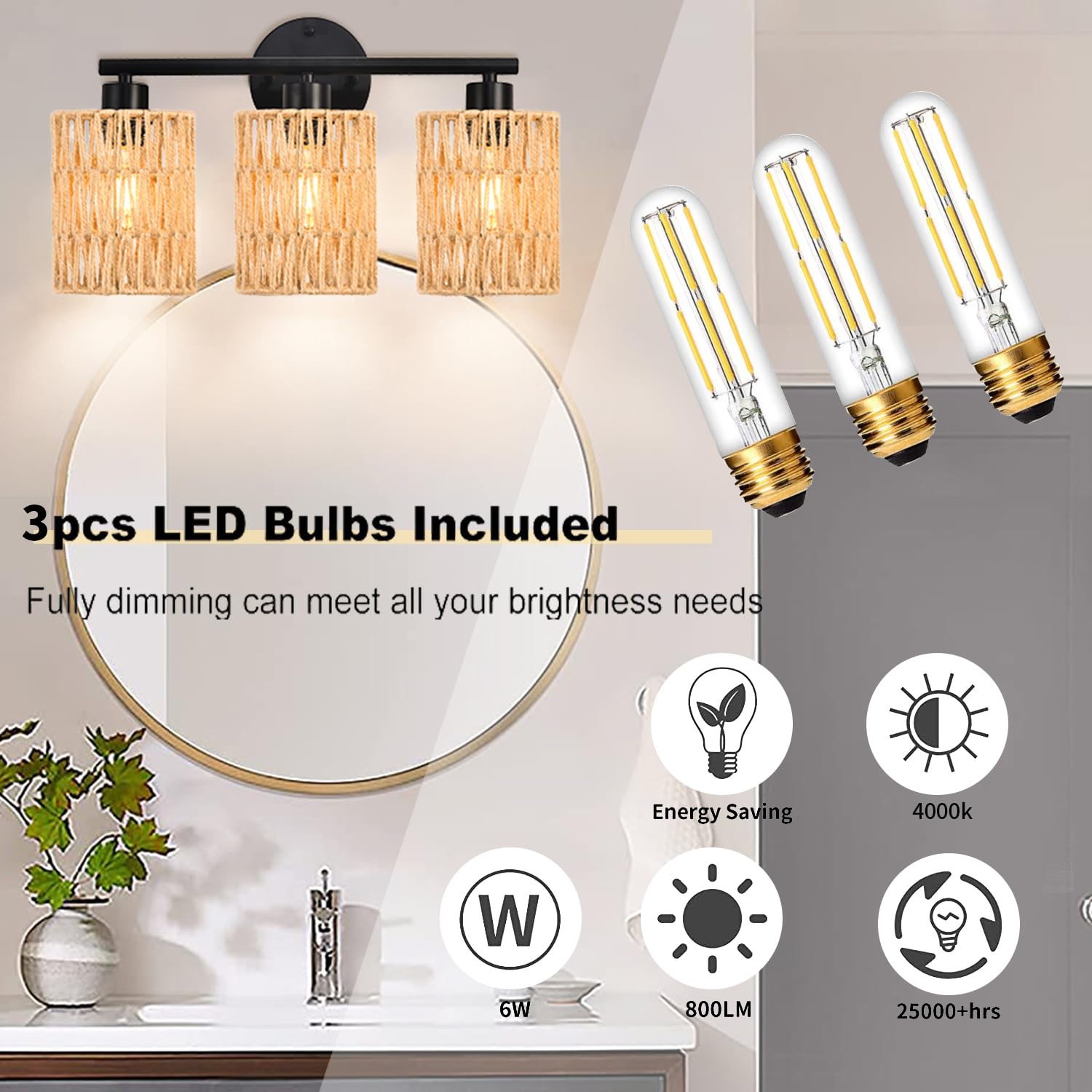 3-Light Black Bathroom Light Fixtures,Modern Rattan Bathroom Vanity Light Over Mirror,Rustic Bath Wall Mount Lights Fixtures with Boho Woven Wicker Lampshade,Farmhouse Wall Sconces Lamp for Bedroom