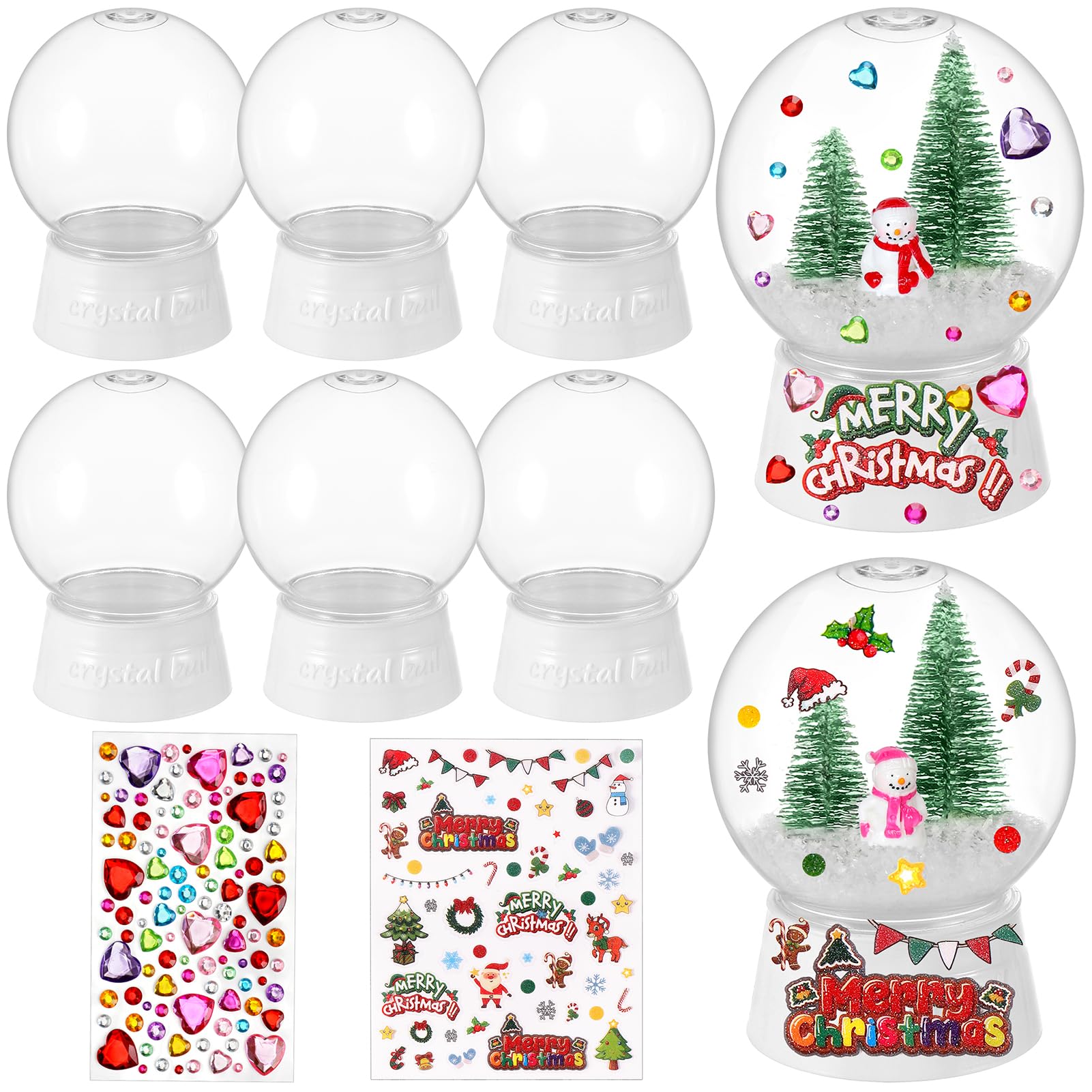 6 Pieces 4 Inch Plastic Snow Globes Clear Water Globes with Screw Off Cap DIY Snow Globes Water Globe Jar with Christmas and Diamond Sticker for DIY Crafts Home Decoration