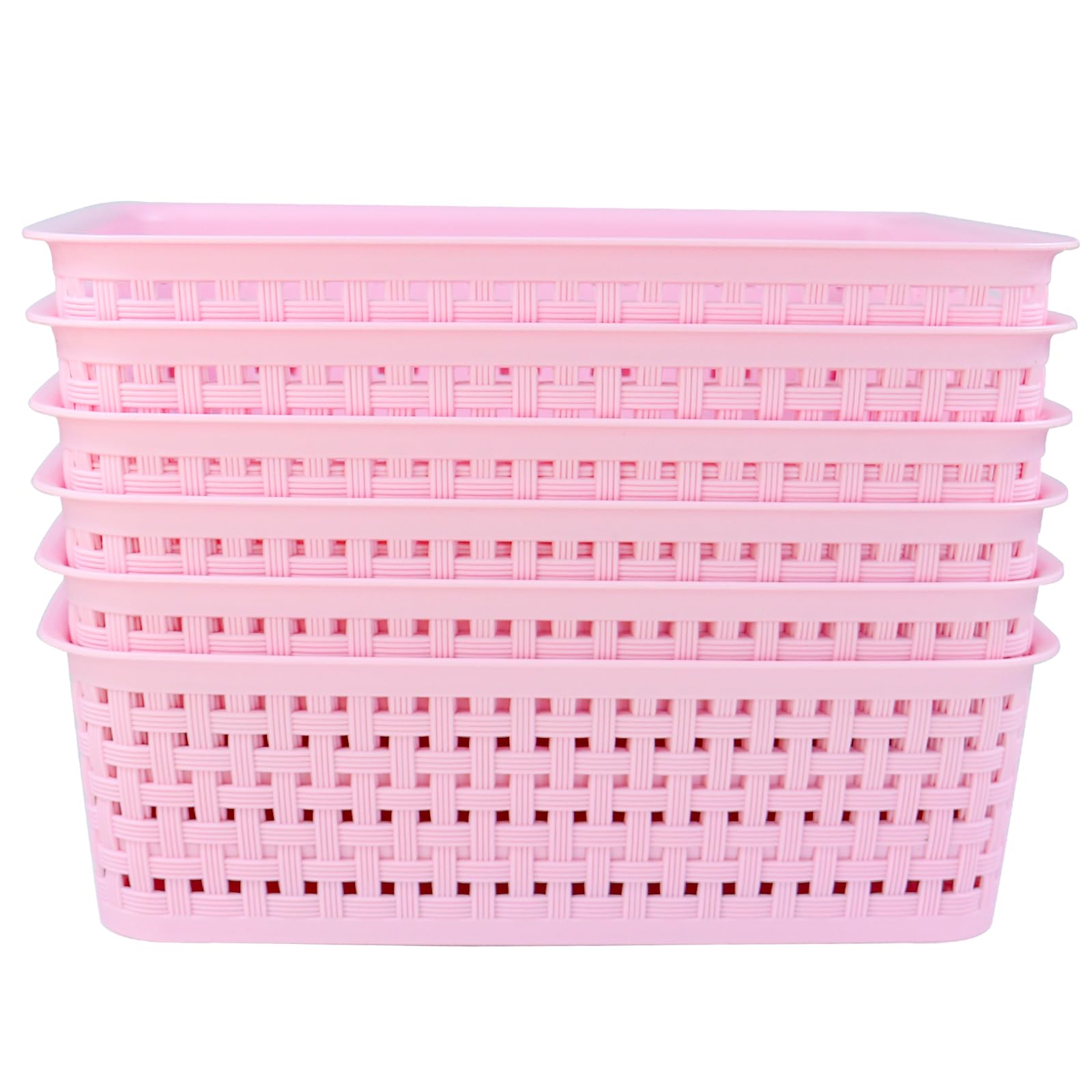 Plastic Storage Baskets, Small Pantry Baskets for Organizing, Woven Basket Organizer Basket Bins for Shelves, Organizer and Storage for Bathroom, Bedrooms, Kitchens (Pink 6pcs)