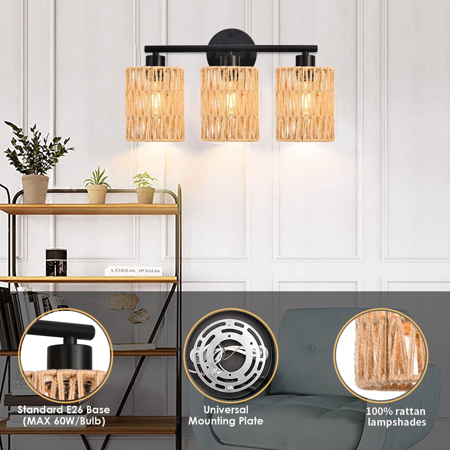 3-Light Black Bathroom Light Fixtures,Modern Rattan Bathroom Vanity Light Over Mirror,Rustic Bath Wall Mount Lights Fixtures with Boho Woven Wicker Lampshade,Farmhouse Wall Sconces Lamp for Bedroom
