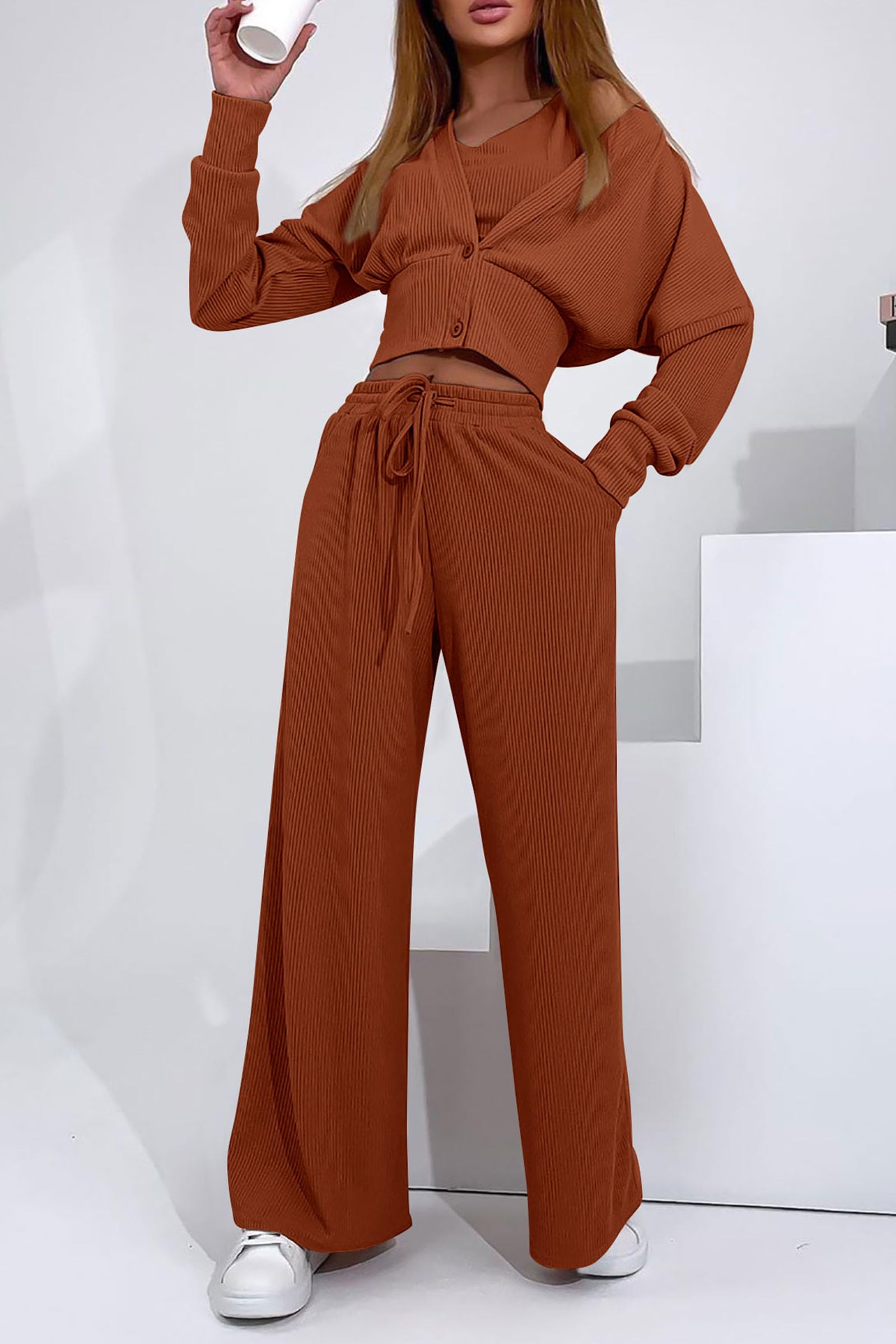 PRETTYGARDEN Womens 2024 Fall Track Suits 3 Piece Outfits Matching Sets Ribbed Knit Cardigan Cropped Tank Tops Wide Leg Pants (Brown,Large)