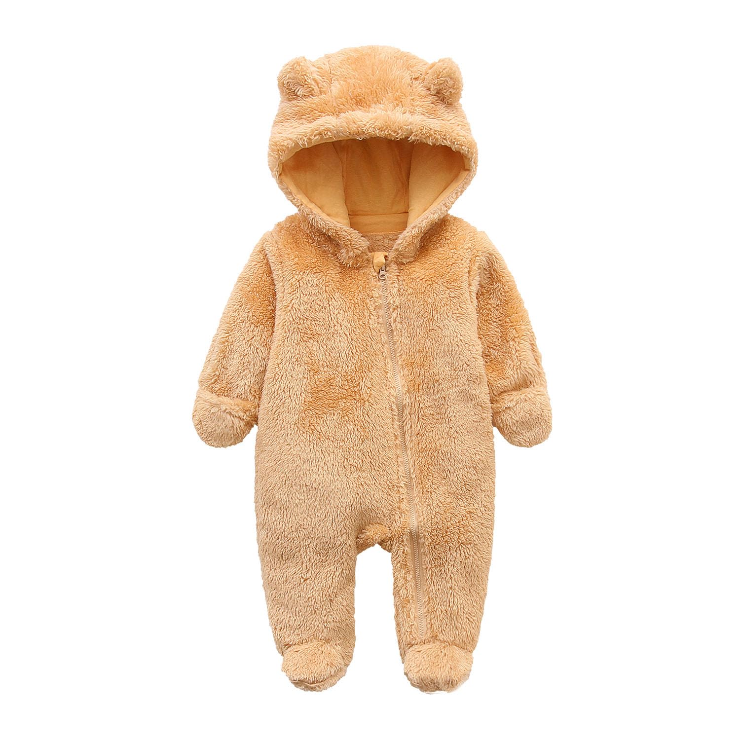 Babymine Toddler Boy's Hooded Fuzzy Outfits Winter Romper Fleece Outerwear Yellow footed Clothes 6-9M