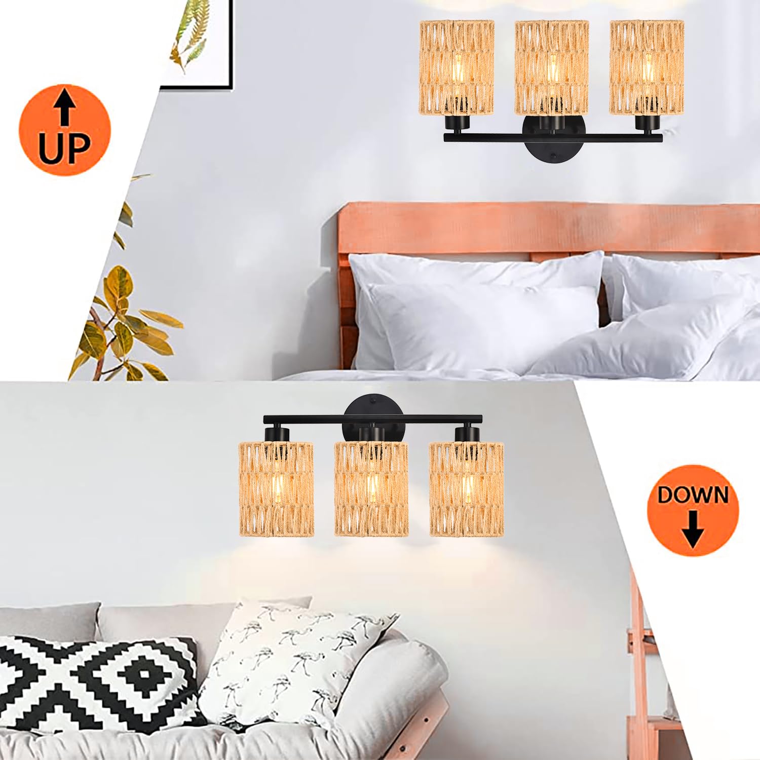 3-Light Black Bathroom Light Fixtures,Modern Rattan Bathroom Vanity Light Over Mirror,Rustic Bath Wall Mount Lights Fixtures with Boho Woven Wicker Lampshade,Farmhouse Wall Sconces Lamp for Bedroom