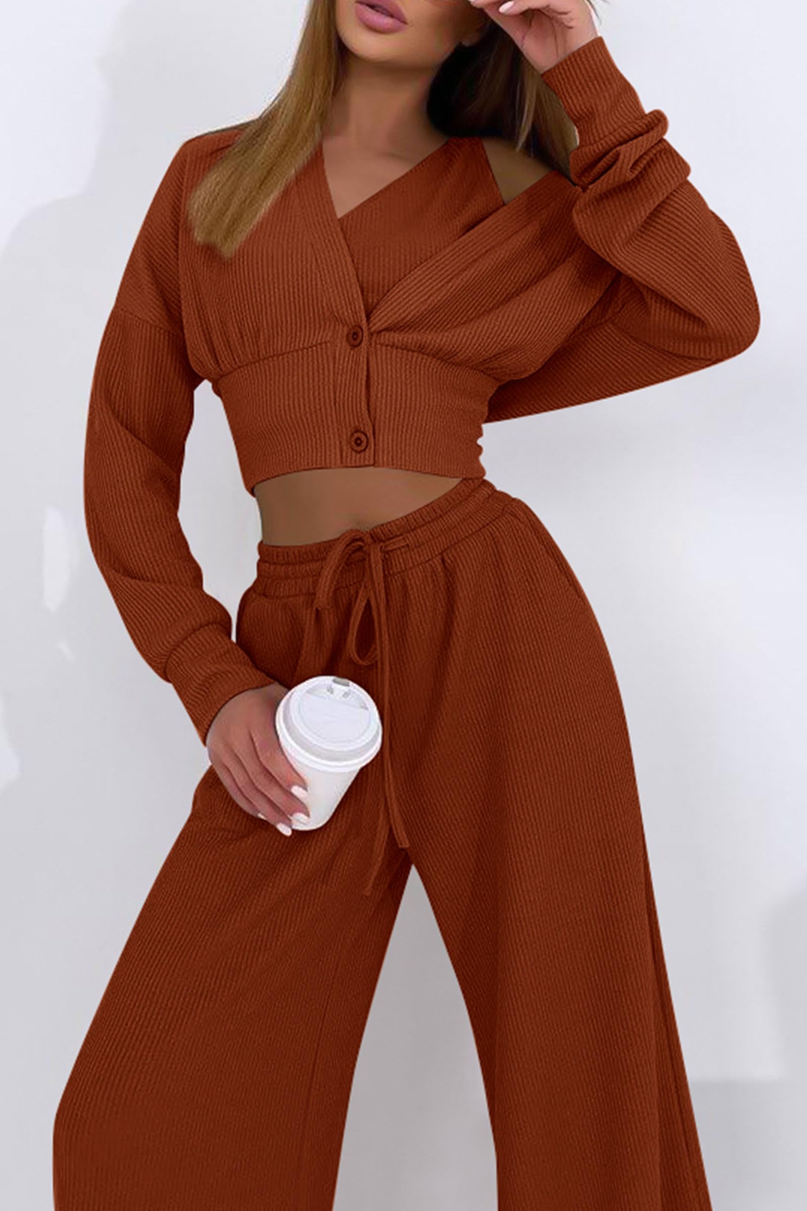 PRETTYGARDEN Womens 2024 Fall Track Suits 3 Piece Outfits Matching Sets Ribbed Knit Cardigan Cropped Tank Tops Wide Leg Pants (Brown,Large)