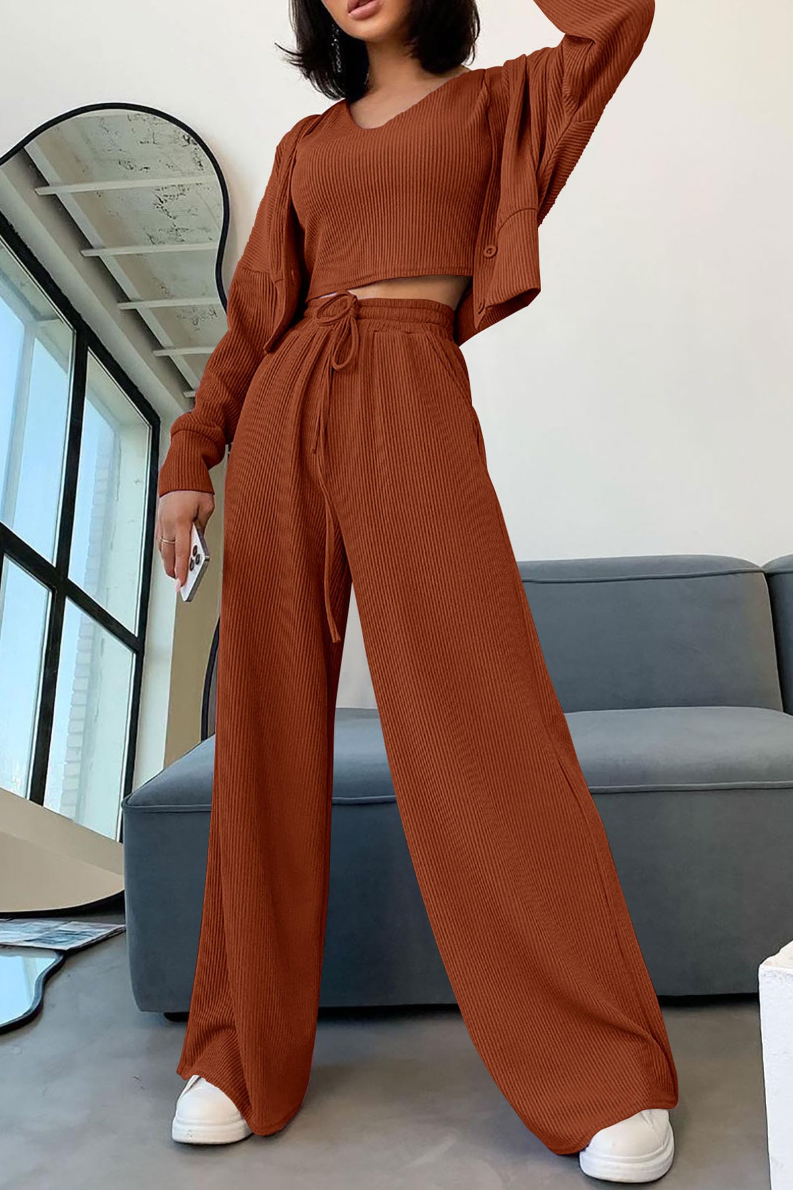 PRETTYGARDEN Womens 2024 Fall Track Suits 3 Piece Outfits Matching Sets Ribbed Knit Cardigan Cropped Tank Tops Wide Leg Pants (Brown,Large)