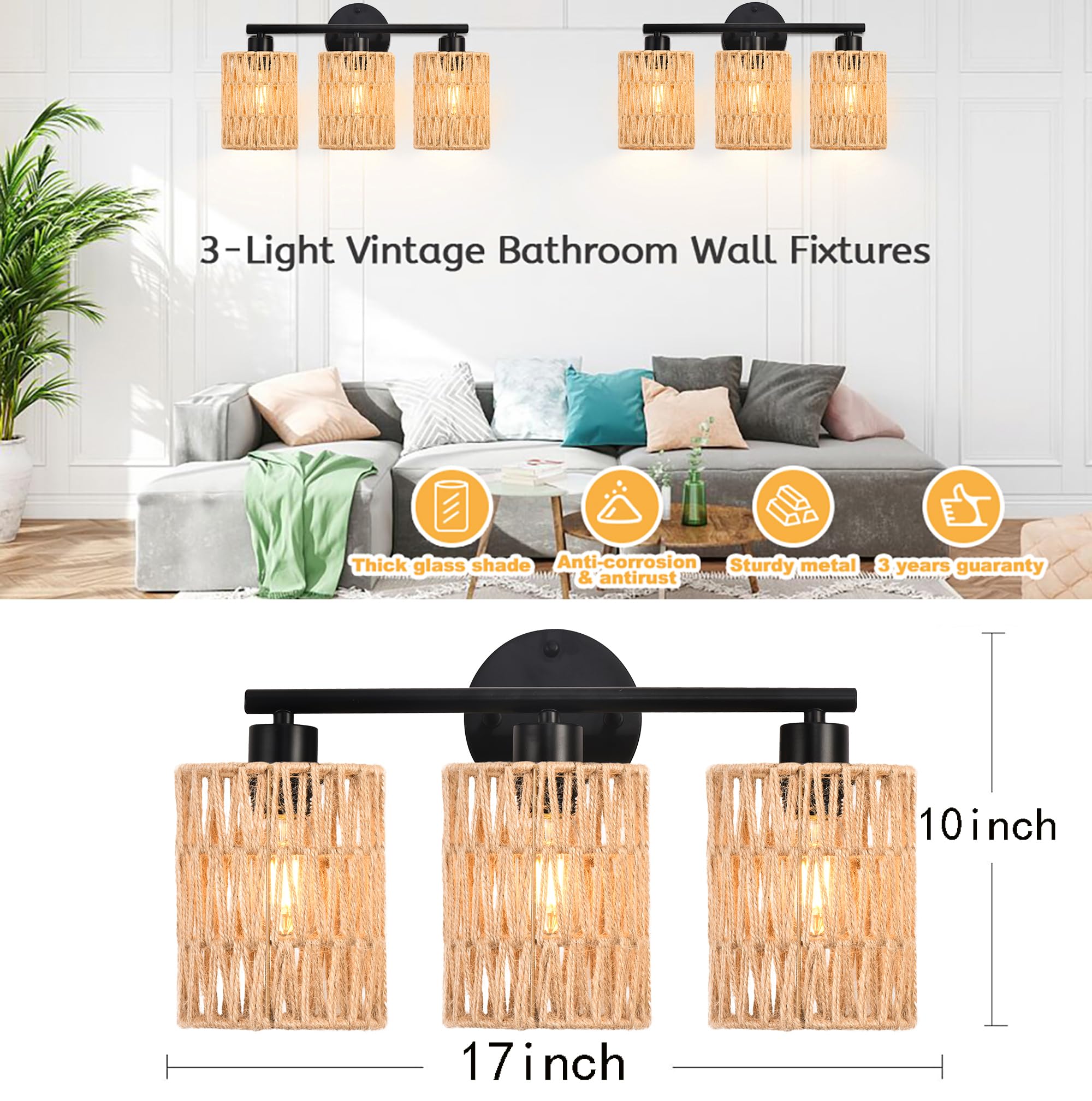 3-Light Black Bathroom Light Fixtures,Modern Rattan Bathroom Vanity Light Over Mirror,Rustic Bath Wall Mount Lights Fixtures with Boho Woven Wicker Lampshade,Farmhouse Wall Sconces Lamp for Bedroom