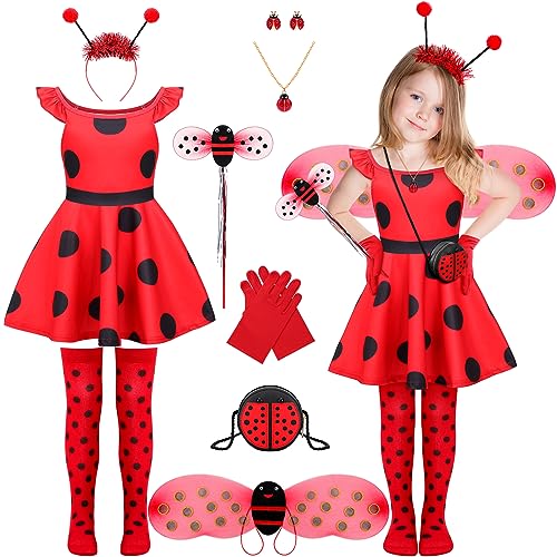 Toulite 9 Pcs Halloween Ladybug Dress Costume with Socks Red Gloves Necklace Earrings Wing for Kids Cosplay Party (51 Inches)