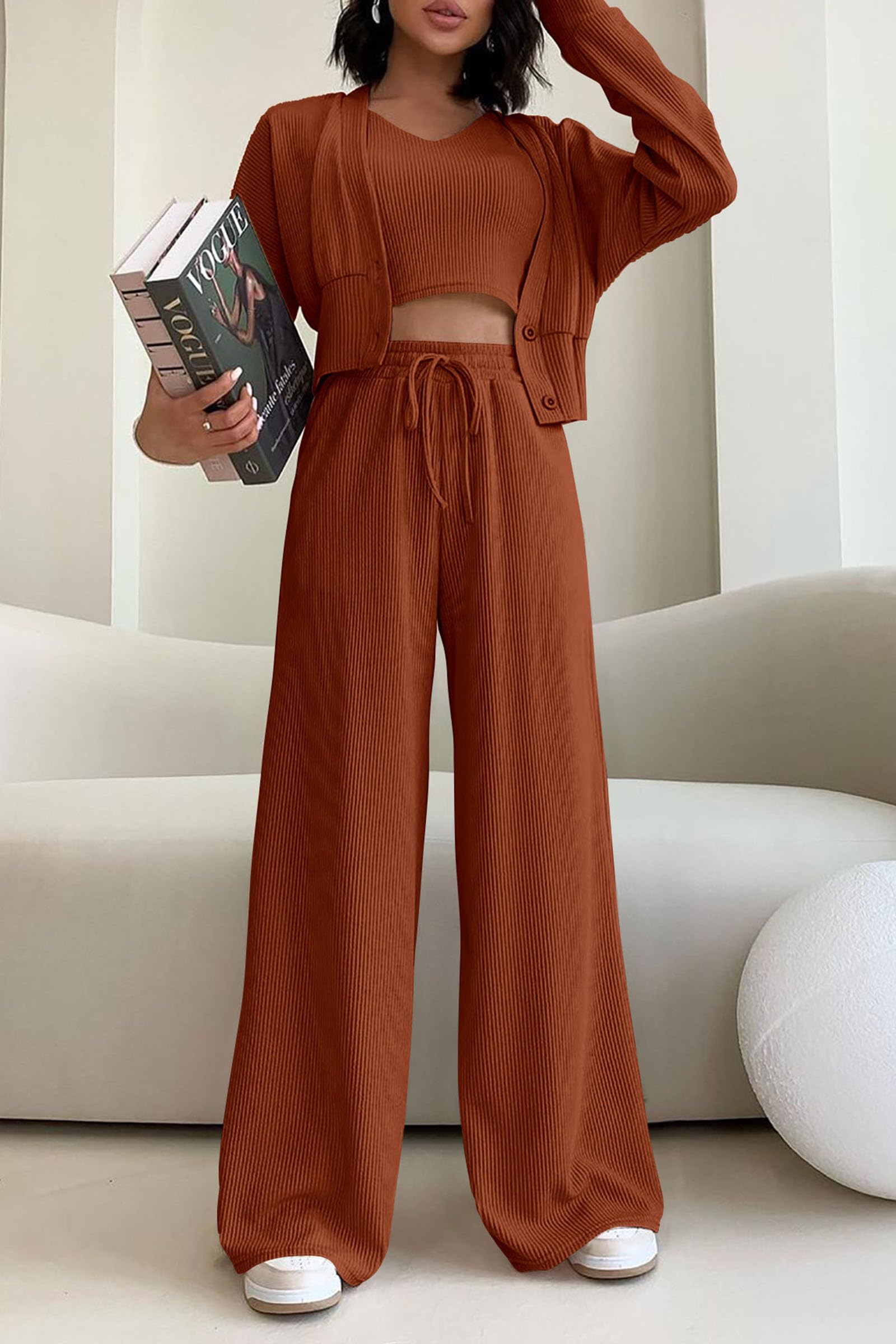 PRETTYGARDEN Womens 2024 Fall Track Suits 3 Piece Outfits Matching Sets Ribbed Knit Cardigan Cropped Tank Tops Wide Leg Pants (Brown,Large)