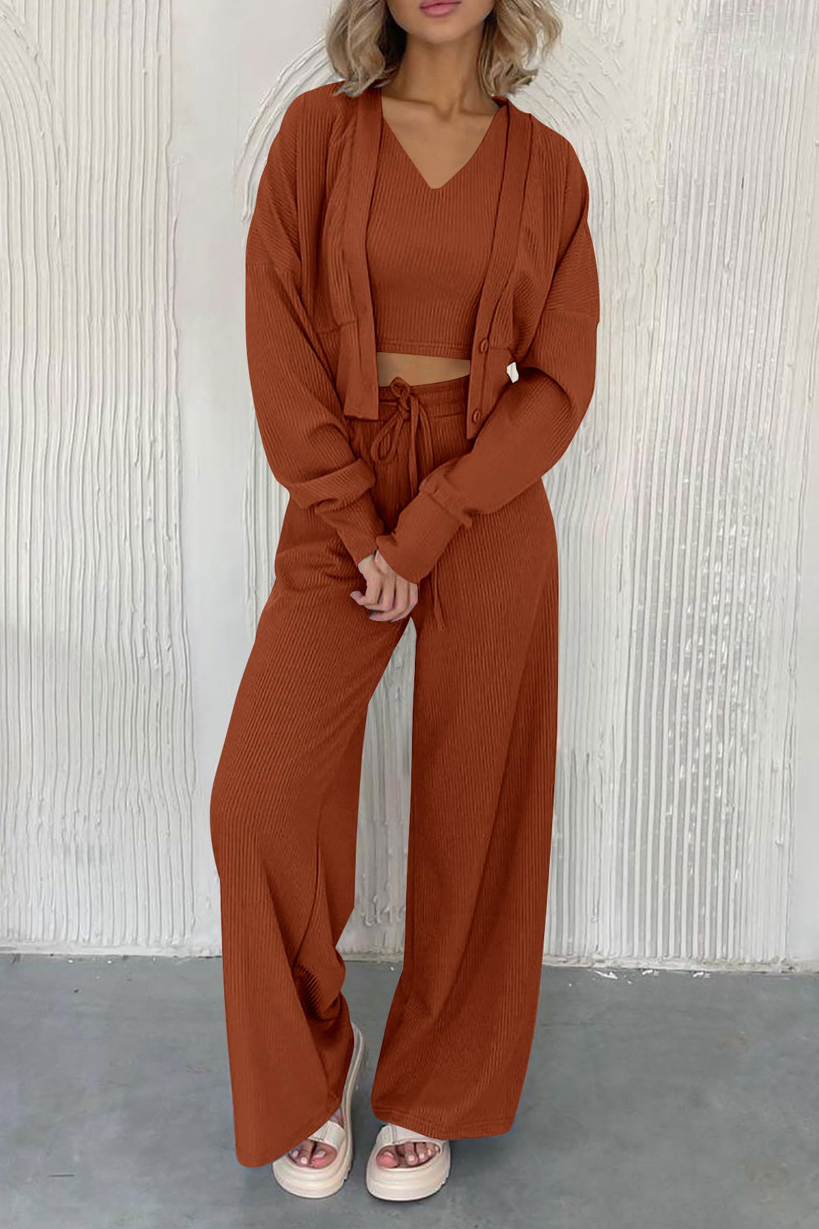 PRETTYGARDEN Womens 2024 Fall Track Suits 3 Piece Outfits Matching Sets Ribbed Knit Cardigan Cropped Tank Tops Wide Leg Pants (Brown,Large)