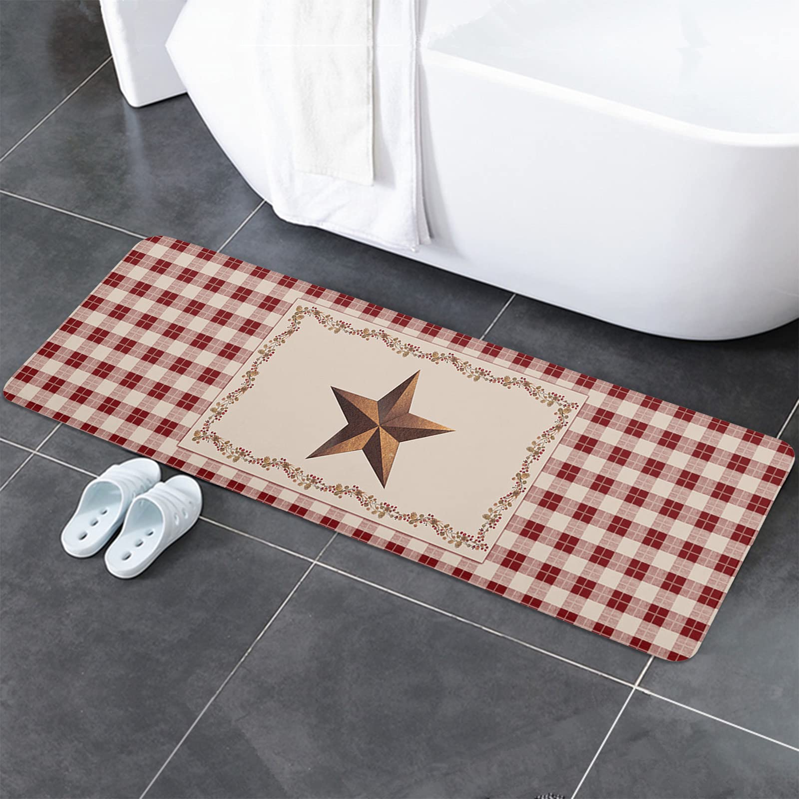 Libaoge Kitchen Mat Rug 1 PCS Rustic Barn Texas Western Star Red Buffalo Plaid Runner Rug Anti-Fatigue Comfort Memory Foam Standing Mat Non-Slip Floor Door Mat for Bathroom Bedroom 16x47in